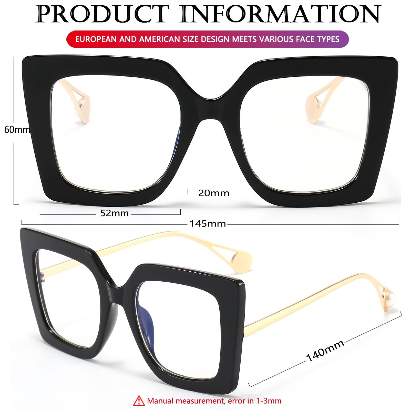 AIEYEZO Oversized Blue Light Glasses for Women, Anti Fatigue Prevent Headache Computer Eyeglasses (Black)