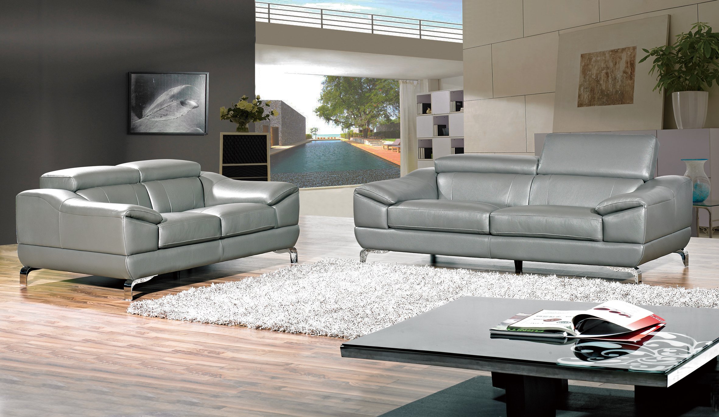 Cortesi Home Vegas Genuine Leather Sofa with Adjustable Headrests, Gray, 82.5"