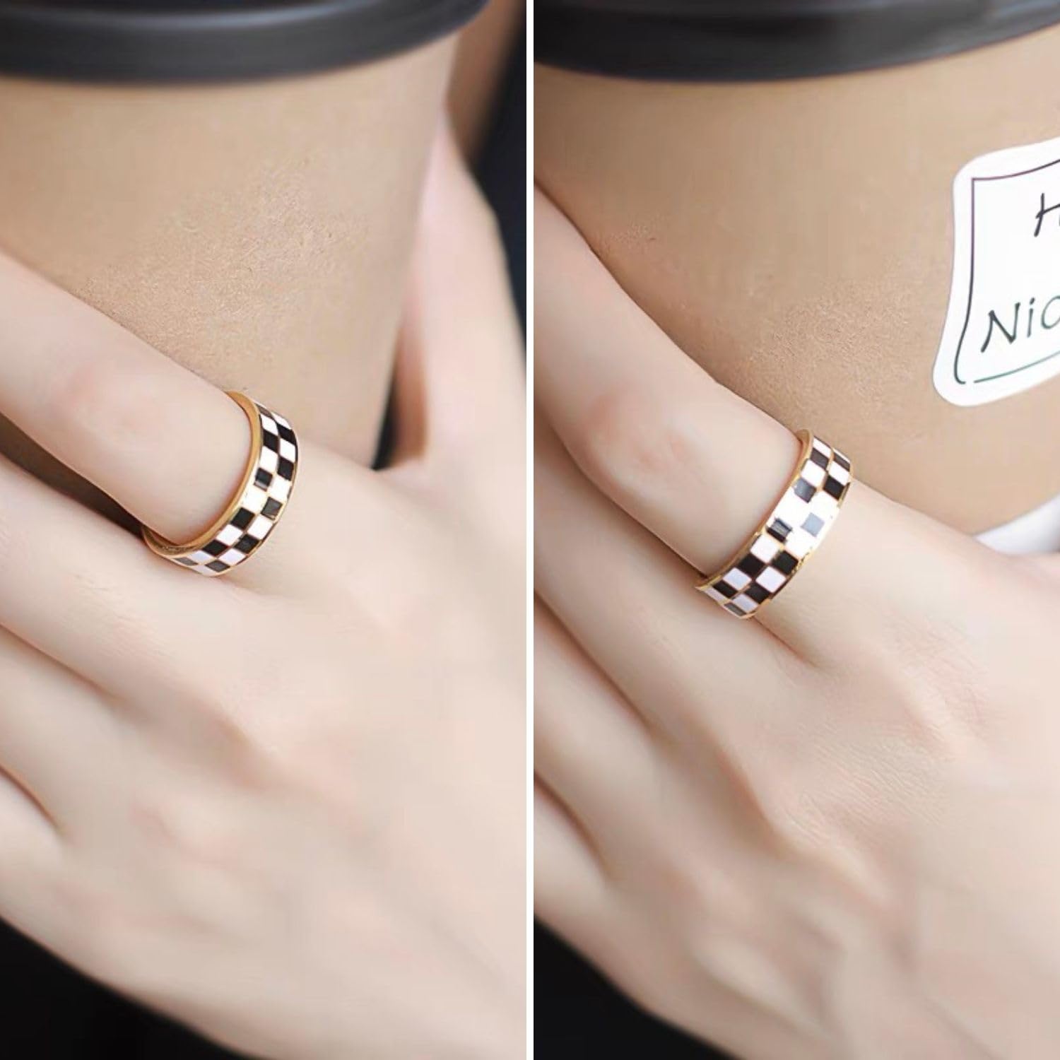 Kainier 6mm 14k Gold Plated Rings Polished Checkerboard Bands Knuckle Statement Pointer Finger Ring Comfort Fit Size 5-9