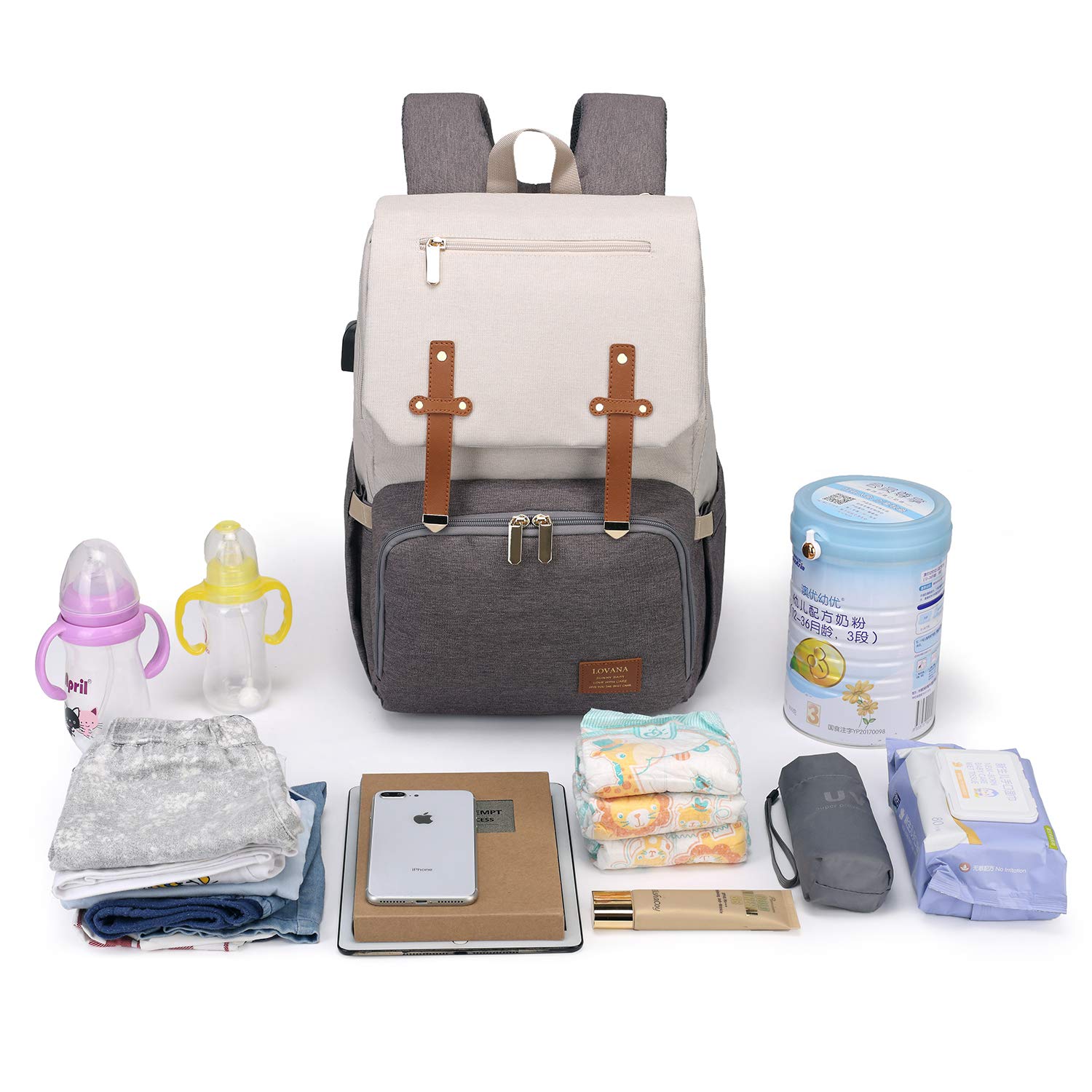 LOVANA Diaper Bag Backpack, Baby Bag, Multi-functional Travel Back Pack, Anti-Water Maternity Nappy Bag Changing Bags with Insulated Pockets Stroller Straps and Built-in USB Charging Port,Beige&Gray