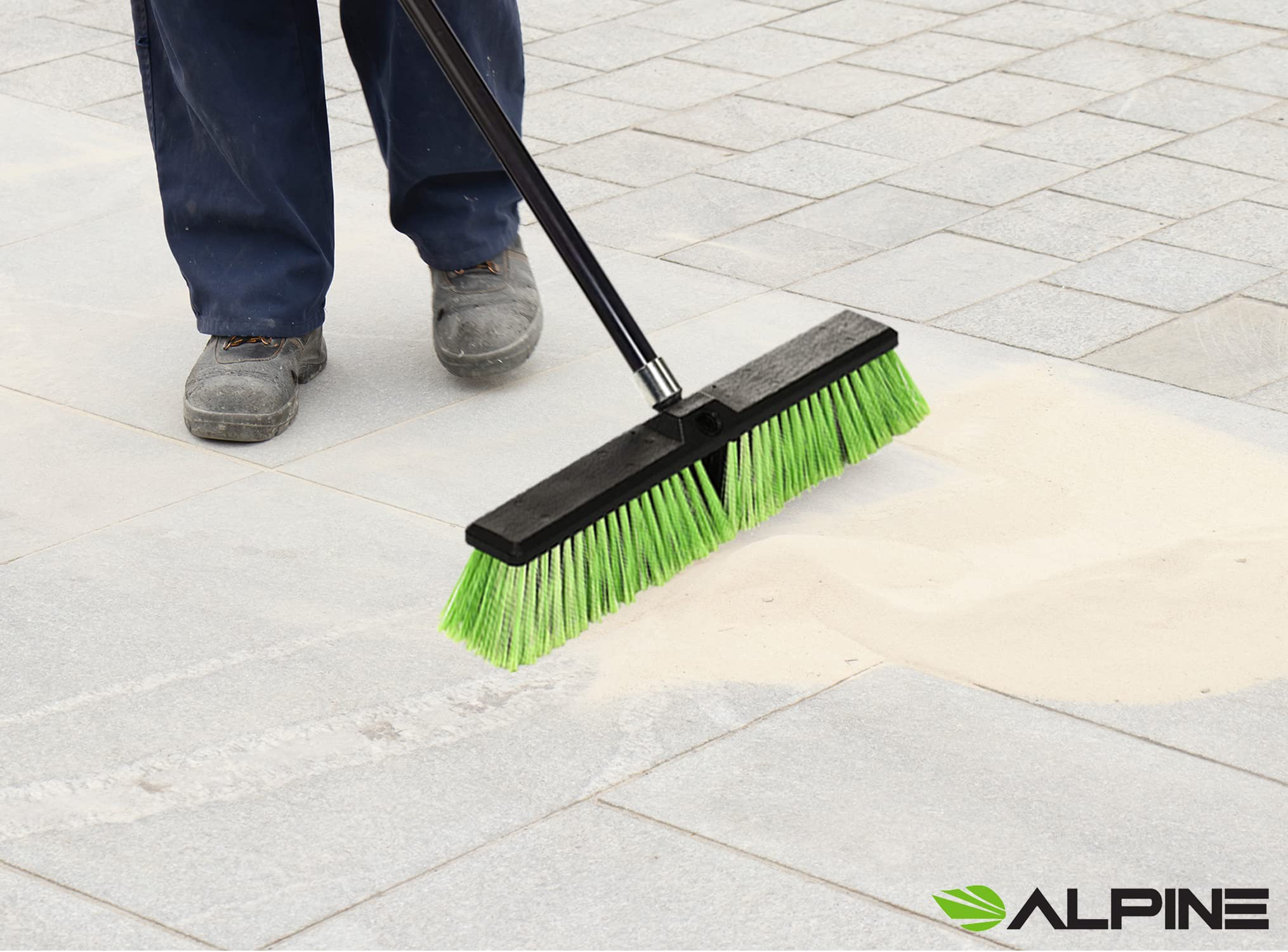 Alpine Industries Push Broom Heavy Duty Smooth Surface Broom Deck Scrubber Long Handle Commercial Floor Scrub Broom Cleans Dirt, Debris, Sand, Mud, Leaves and Water (Green, 24 in)