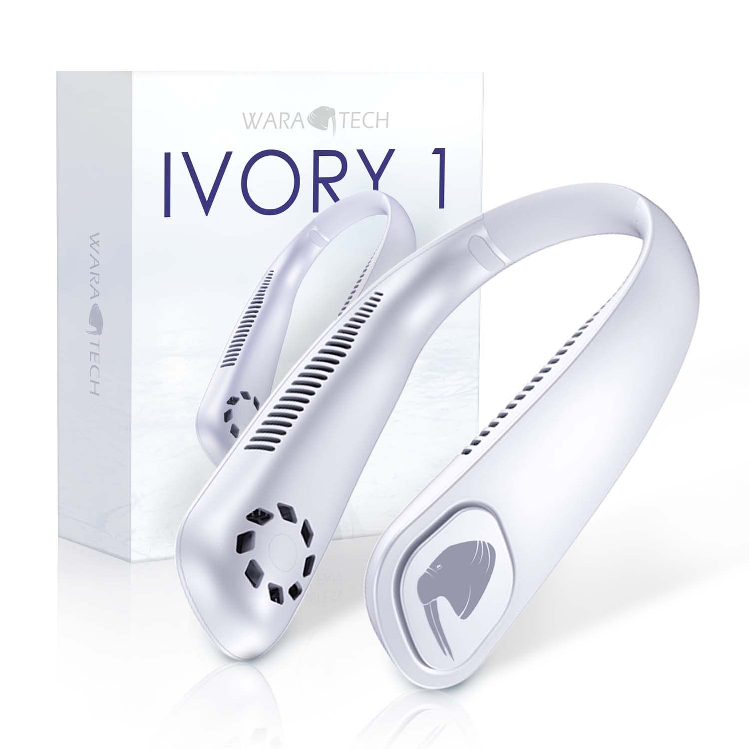 WARATECH IVORY1 9000mAh 9-18 Hour Battery, Personal Bladeless Neck Fan, Wearable Hands Free Portable Neck Fans, 3 Speeds, Rechargeable Portable Neck Cooling Fan for Outdoor/Indoor use, White.