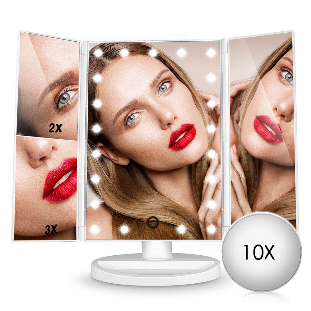 AMMIY Vanity Makeup Mirror with Lights, 1x/2x/3x/10x Vanity Mirror with 21 LED Lights, Touch Screen Switch Tri-Fold Design 180° Rotation LED Makeup Mirror, Dual Power Supply LED Mirror Makeup