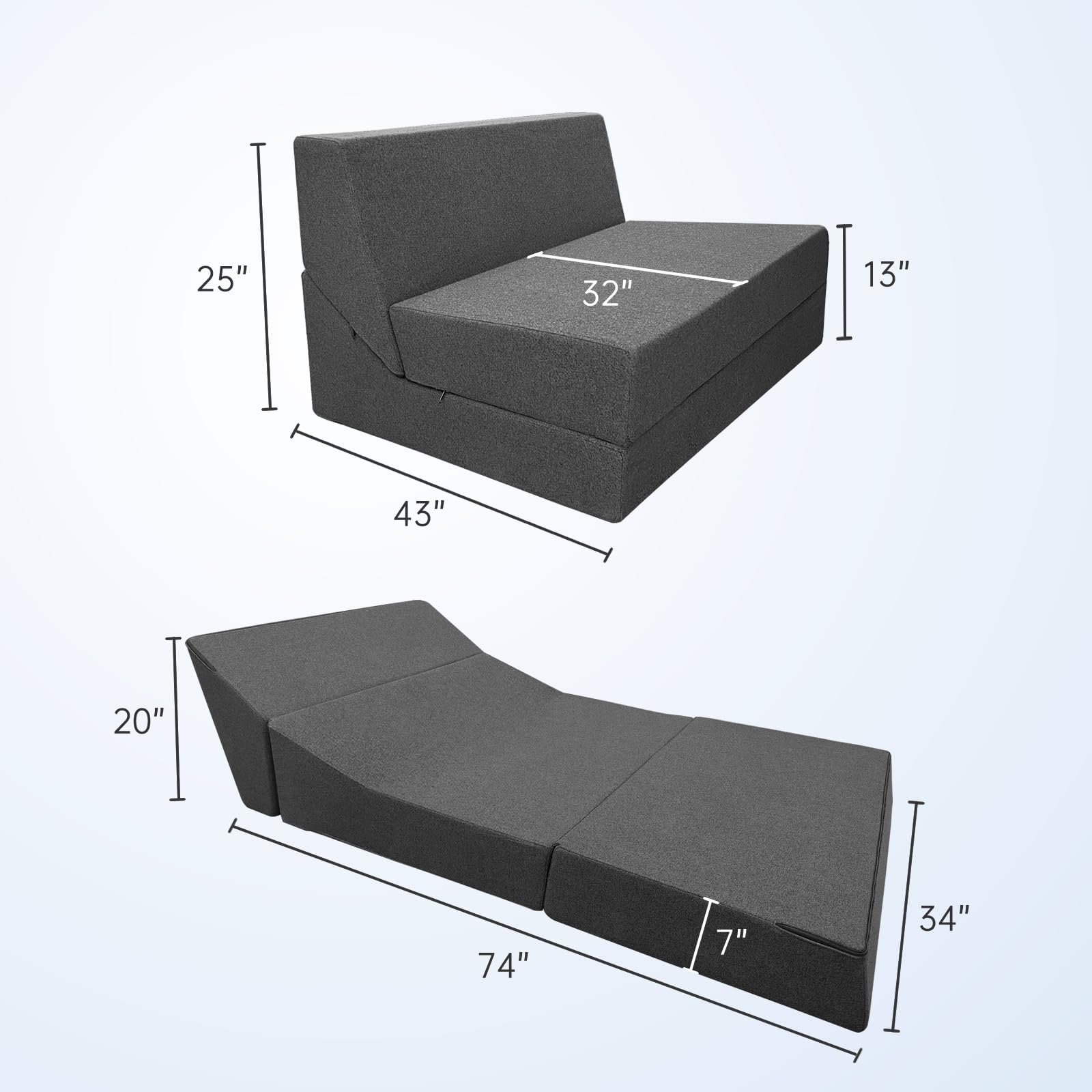 ANONER Convertible Sofa Bed Memory Foam Lounge Chaise with Pillow Chaise Sofa Chair for Living Room Bedroom and Apartment Office, Dark Gray
