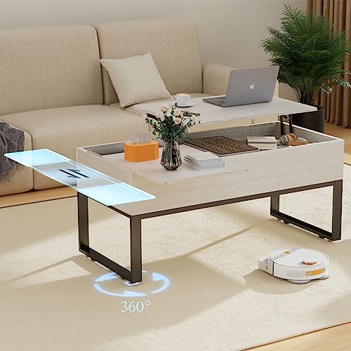 VEELOK Lift Top Coffee Table for Living Room with Hidden Storage Compartment on Rolling Wheels, 3-Way Slide Desktop Drawer Modern Coffee Tables, 43.3" Wood Coffee Table, 440lbs Max Weight, Gray Oak