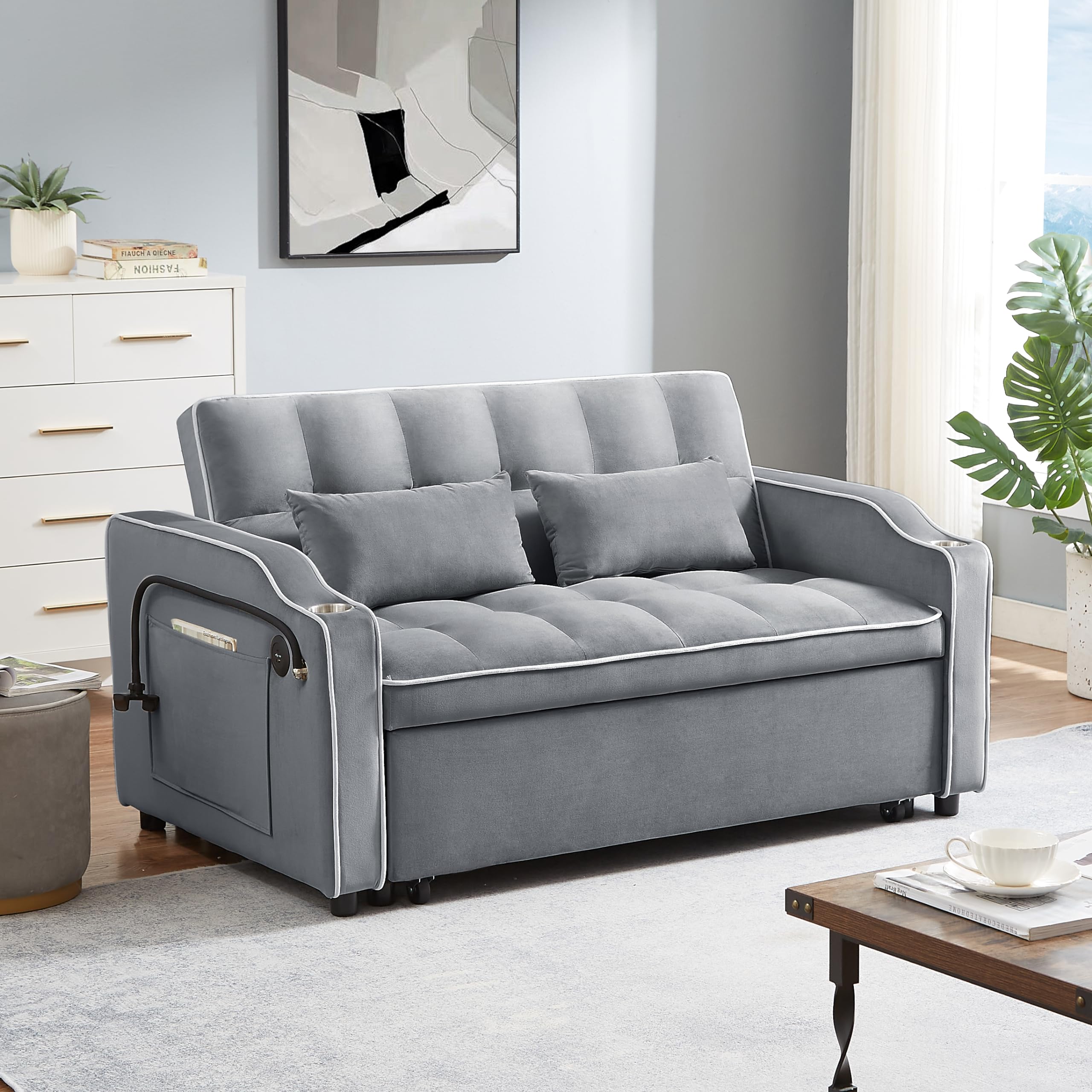 Bellemave Foldable Sofa Bed with USB Charging Ports, Pull Out Velvet Loveseat Sleeper with Swivel Phone Holder, Modern Futon Couch with Cup Holders and Adjustable Backrest, for Living Room, Gray