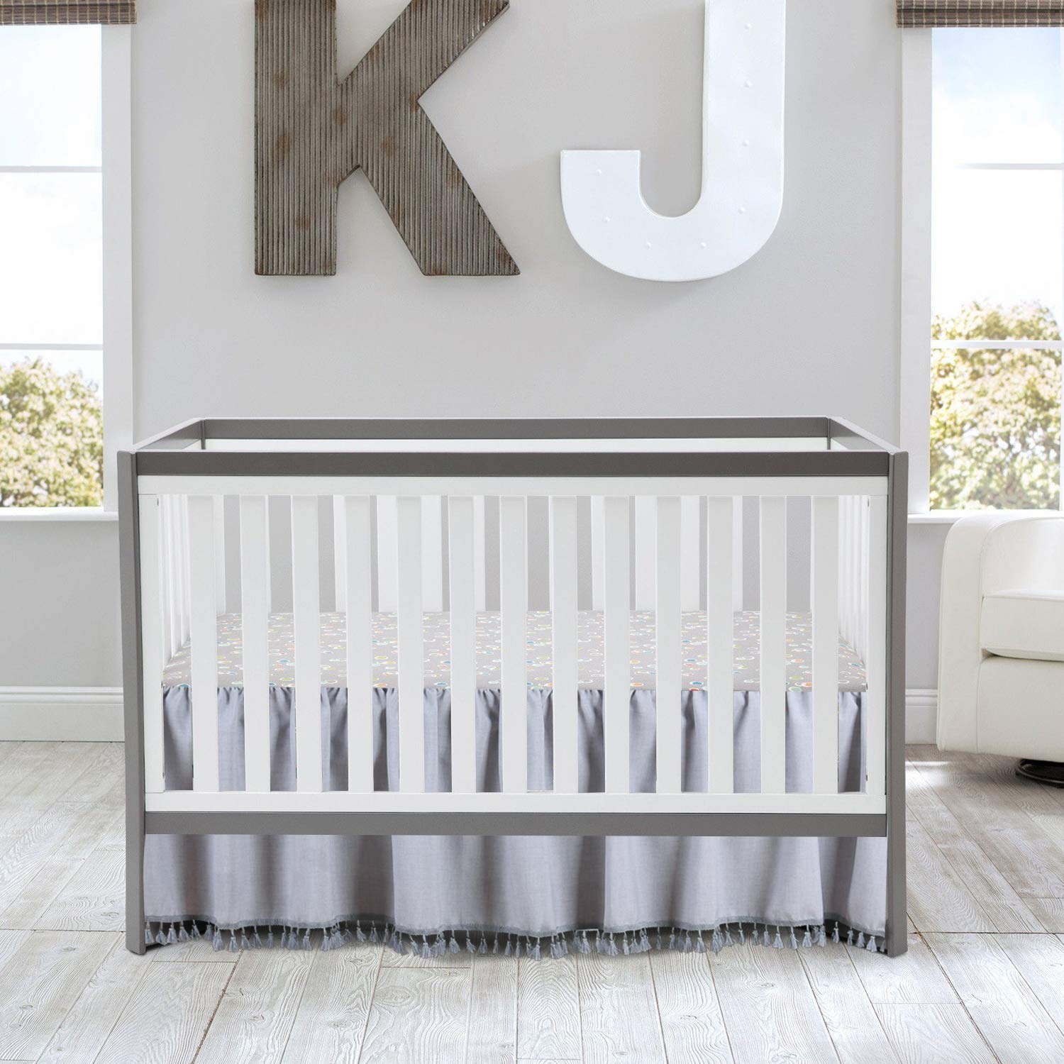 leegleri Crib Bed Skirt Pleated Ruffle with Tassel Nursery Crib Bedding Skirts for Baby Boys or Girls, 15" Drop/Grey