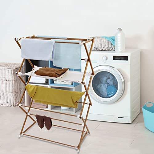 Clothes Drying Rack, Heavy Duty Metal Drying Rack Clothing, Foldable Oversize Wooden Look Laundry Drying Rack for Drying Clothes, Space Saving, Portable Indoor Outdoor Use 40.2" x 27.6" x 14.4"