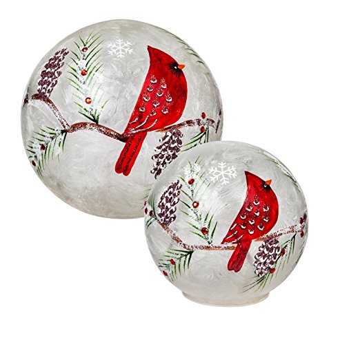 Cypress Home Beautiful Pine Cones and Cardinal Hand Painted Glass LED Globe Table Décor, Set of 2-7 x 7 x 7 Inches Indoor/Outdoor Decoration for Homes, Yards and Gardens