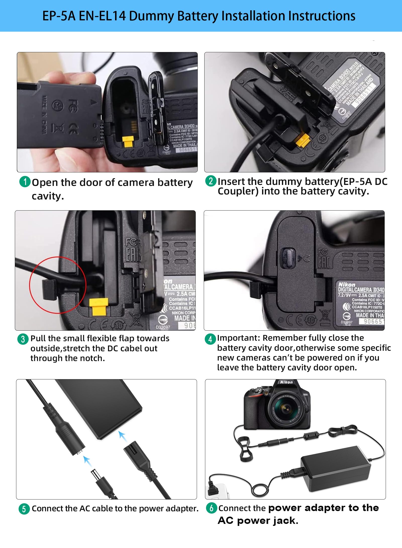 TKDY EP-5A EH-5 AC Power Adapter EN-EL14A Dummy Battery for Nikon D3500 D3400 D3200 D5100 D5200 D5300 D5500 D5600 D3100 D3300 Coolpix P7000 P7100 P7700 P7800 Df Cameras.