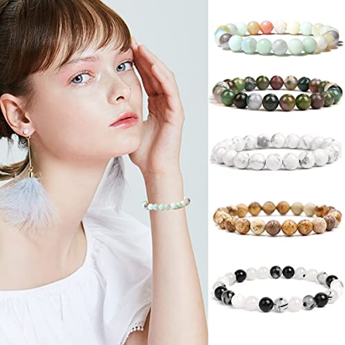 FINZOR 12 Pcs 8mm Gemstones Beaded Bracelets for Men Women Semi-Precious Stone Healing Stretch Round Bead Crystal Bracelets Unisex