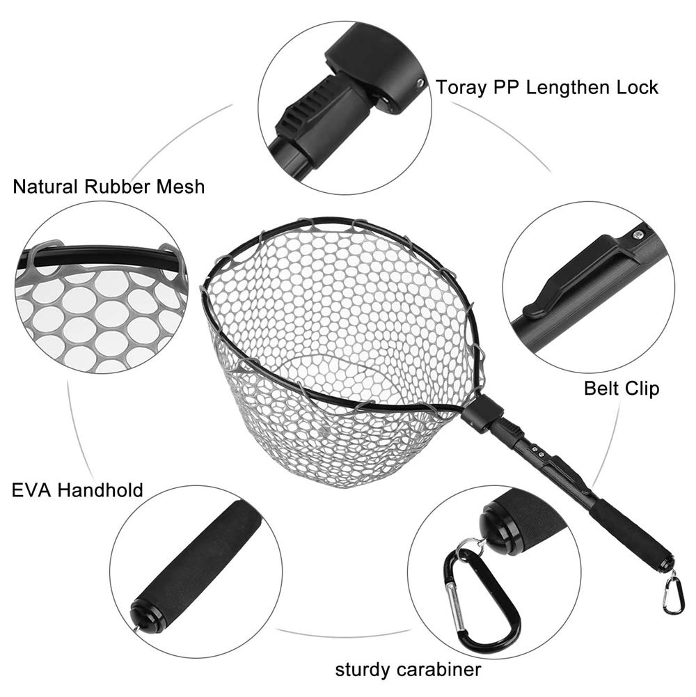 AIKENR Folding Fishing Net, Fly Fishing Landing Net Soft Rubber Safe Catch and Release, Aluminum Alloy Frame and Comfortable EVA Handle with Sturdy Carabiner