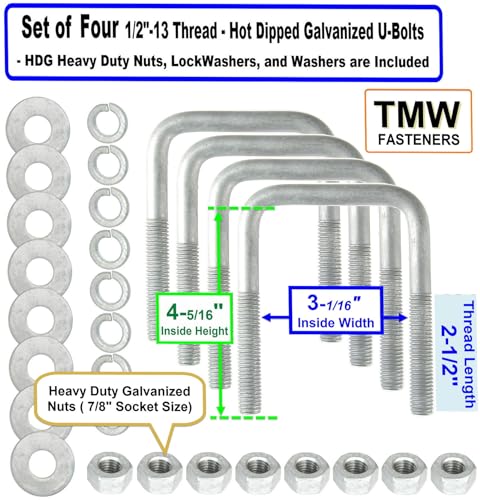 TMW (4) Hot Dipped Galv Square 1/2" Dia. U-Bolts x 3-1/16" Inside Width x 4-5/16" Inside Height & HD Washers, Lock Washers & Nuts for Boat & Utility Trailers Fits Down Over 3" Wide Metal