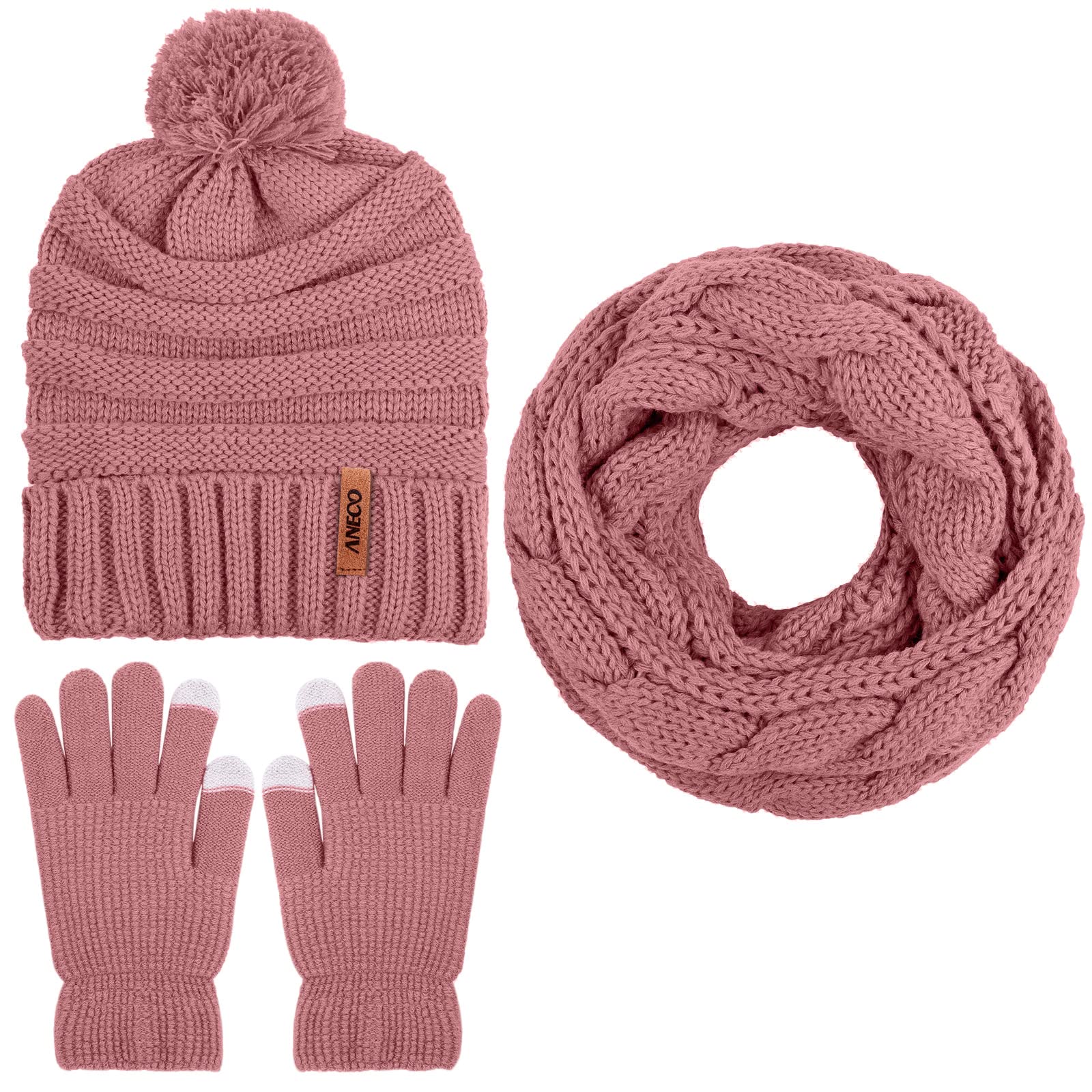 Aneco Winter Warm Knitted Scarf Beanie Hat and Gloves Set Men & Women's Soft Stretch Hat Scarf and Mitten Set