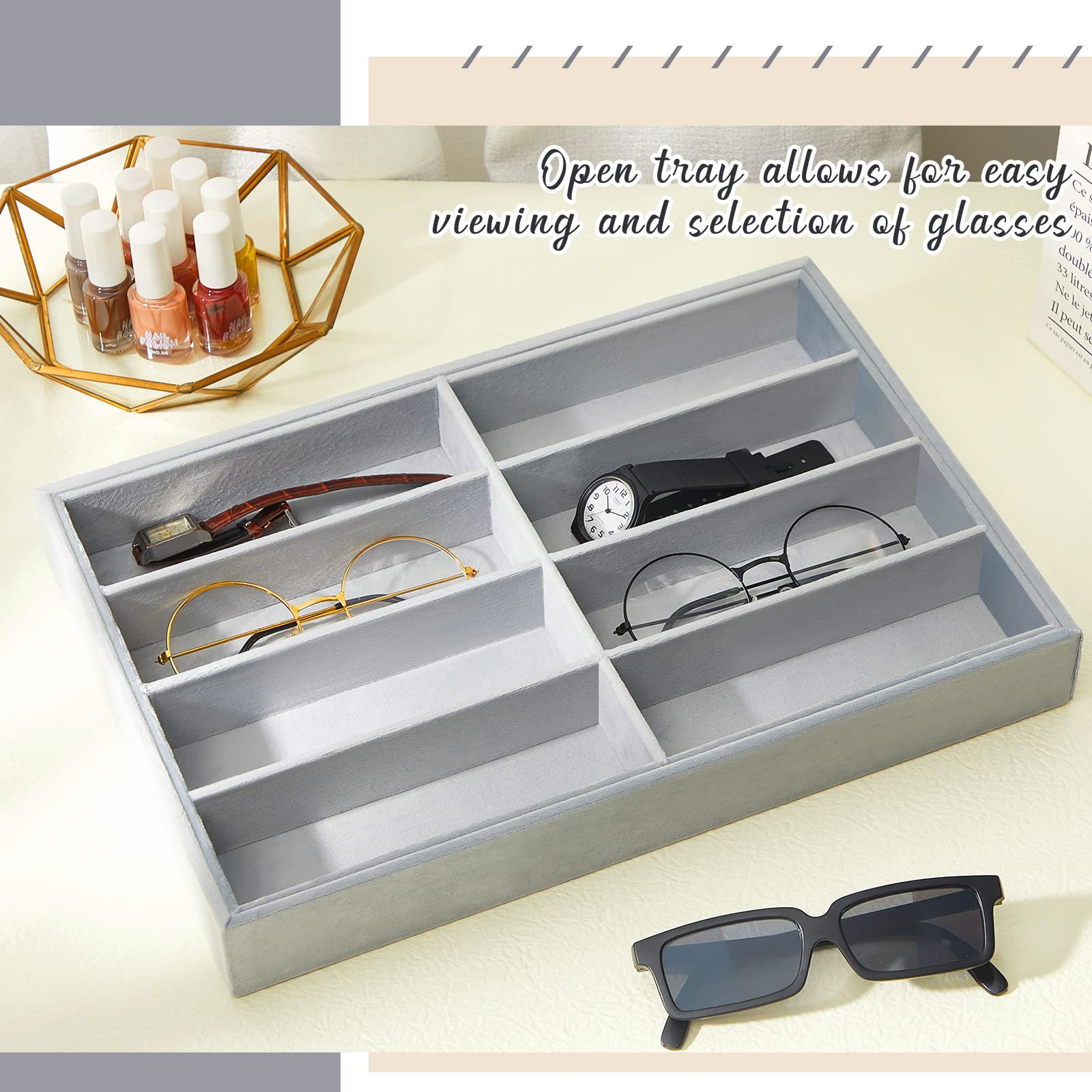 Amylove 2 Pieces Sunglass Organizer Trays Velvet Glasses Tray Stackable Jewelry Organizer Trays Sunglass Display Organizer Sunglass Display Box, 8 Grids (Gray)