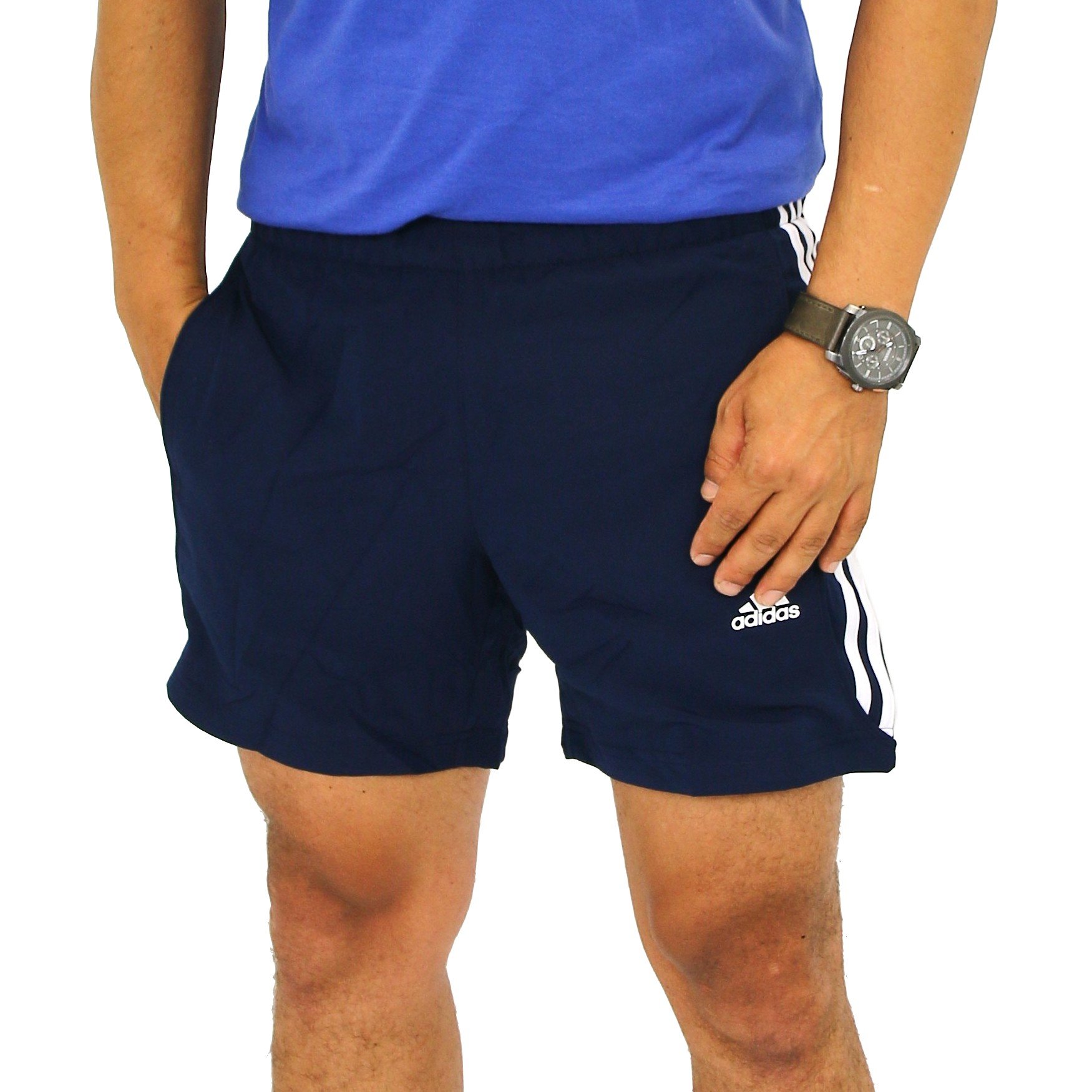 adidas Mens Shorts Essentials 3 Stripe Shorts Woven 3 Stripe Gym Running Shorts (L, Navy/White)
