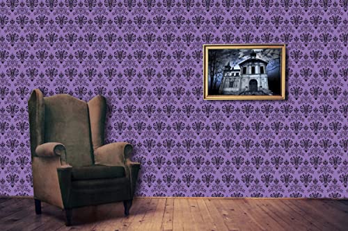 Removable Wallpaper Haunted Mansion, Peal and Stick Wall Decal, Haunted House Wall Covering, 1 Panel, W-136 (24" Wx120L, Purple, Black, White)