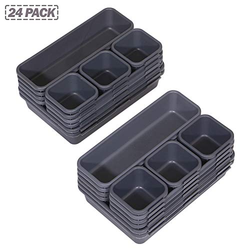 Set of 24 Interlocking Desk Drawer Organizer Tray Dividers Plastic Shallow Narrow Drawers Organizers Separators Storage Bins Container for Kitchen Bathroom Makeup Office Vanity Bedroom Dresser