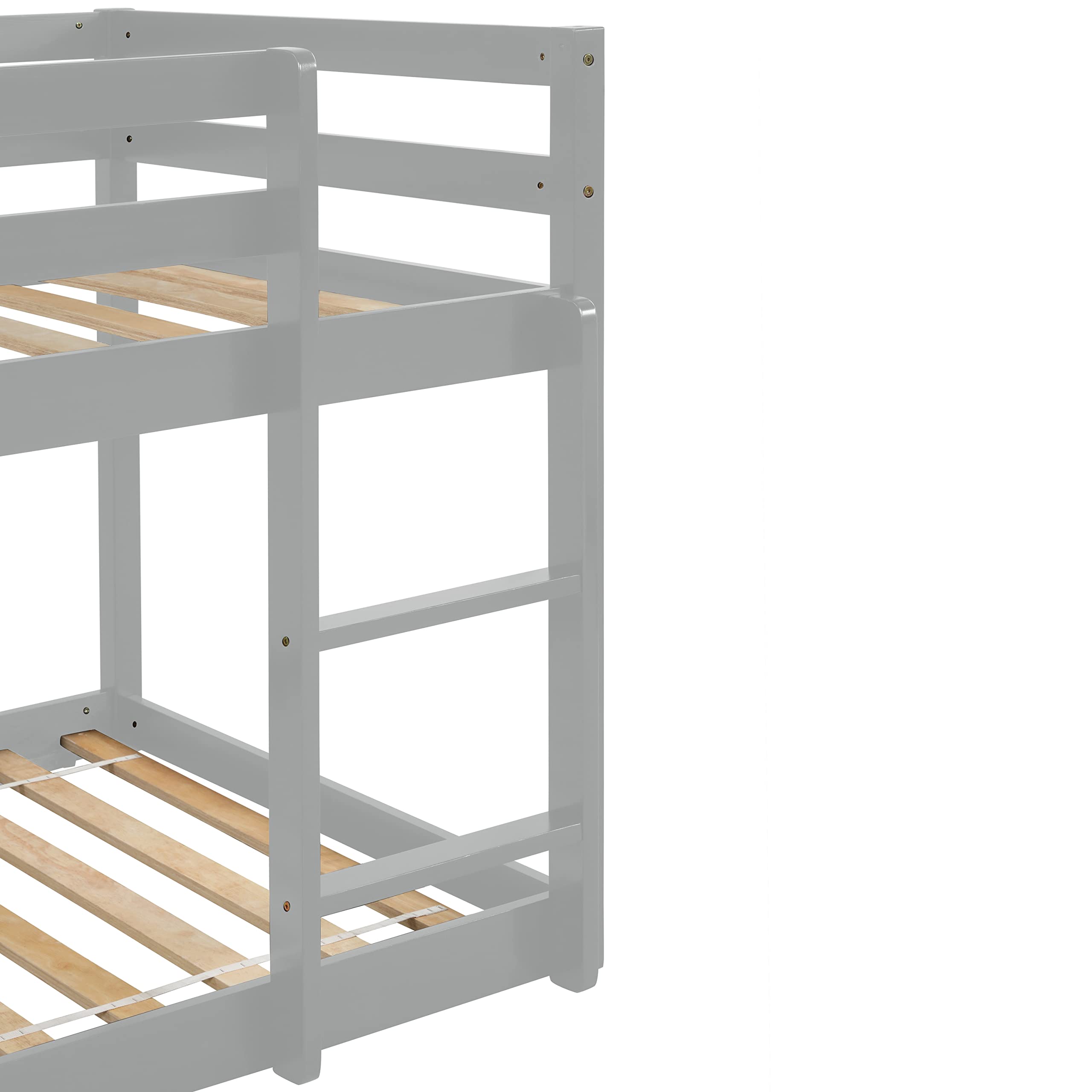 ZJIAH Solid Wood Twin Over Twin Floor Bunk Bed w Ladder, Safety Guard Rails, Wooden Twin Bunk Beds for Teens/Adults, Low Bed Frame Bedroom Furniture, No Spring Box Required