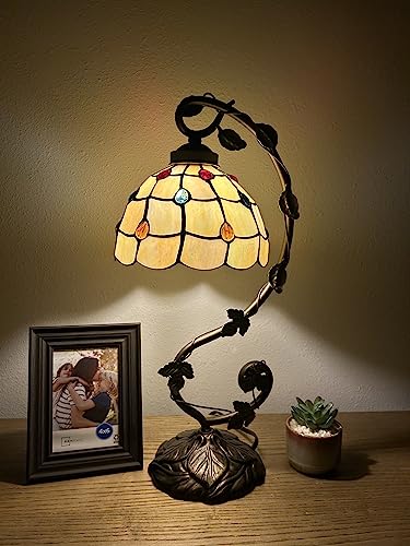 Enjoy Tiffany Style Table Lamp Gold Stained Glass Crystal Beans Iron Metal Leaves Bronze BaseIncluded LED Bulb Vintage for Living Room Dining Room Bedroom Bedside Office Hotel H21*W11 in