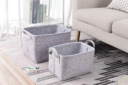 Rhyan Felt Storage Basket/Bin with PU Handles, Collapsible & Convenient Storage Solution for Office, Bedroom, Closet, Toys, Laundry(Light Gray)