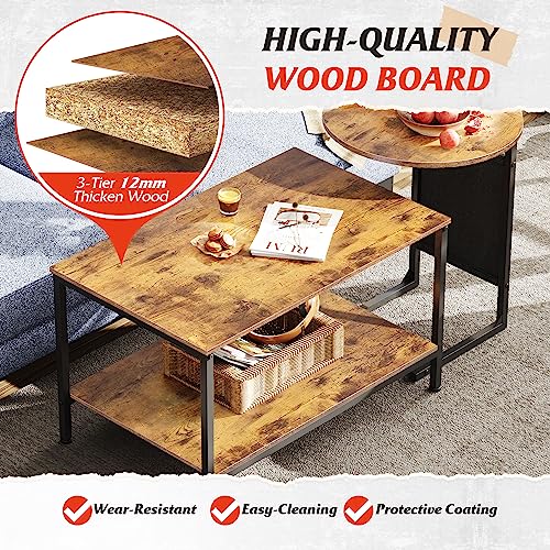 WLIVE Coffee Table, 2 in 1 Design Nesting Coffee Table with Side Pouch for Living Room, Small Round and Rectangular Living Room Table Set, Metal Frame and Wood Desktop,Easy Assembly, Rustic Brown