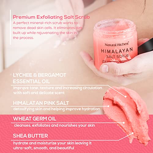 Natural Riches Himalayan Salt Exfoliating Body Scrub Lychee Bergamot Essential oil with Vitamin C - (12 Oz / 340 gm) Moisturize Deep Cleansing foot scrub body skin exfoliator