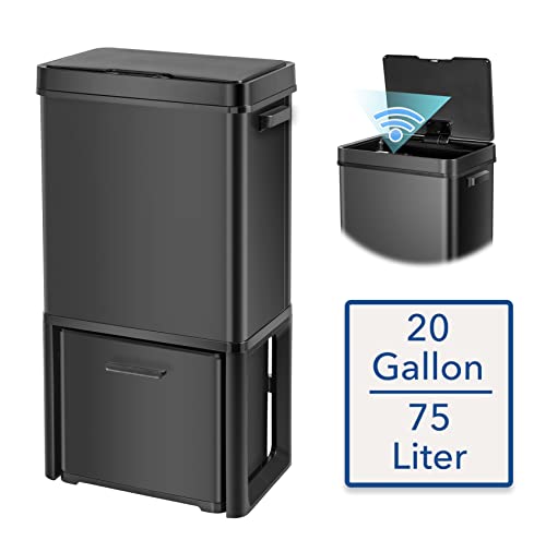 CozyBlock 20 Gallon Automatic Trash Can, Black Steel Touchless Motion Sensor Bin, Wide Opening Soft Close Lid, 75L, Large Capacity Slim Design