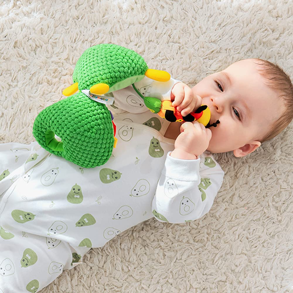 Avocado Stroller Toy with Peekaboo Caterpillar and Mirror, Soft Hanging Rattle & Crinkle Set, Sensory Plush Rattle Toy, Caterpillar Eating Avocado