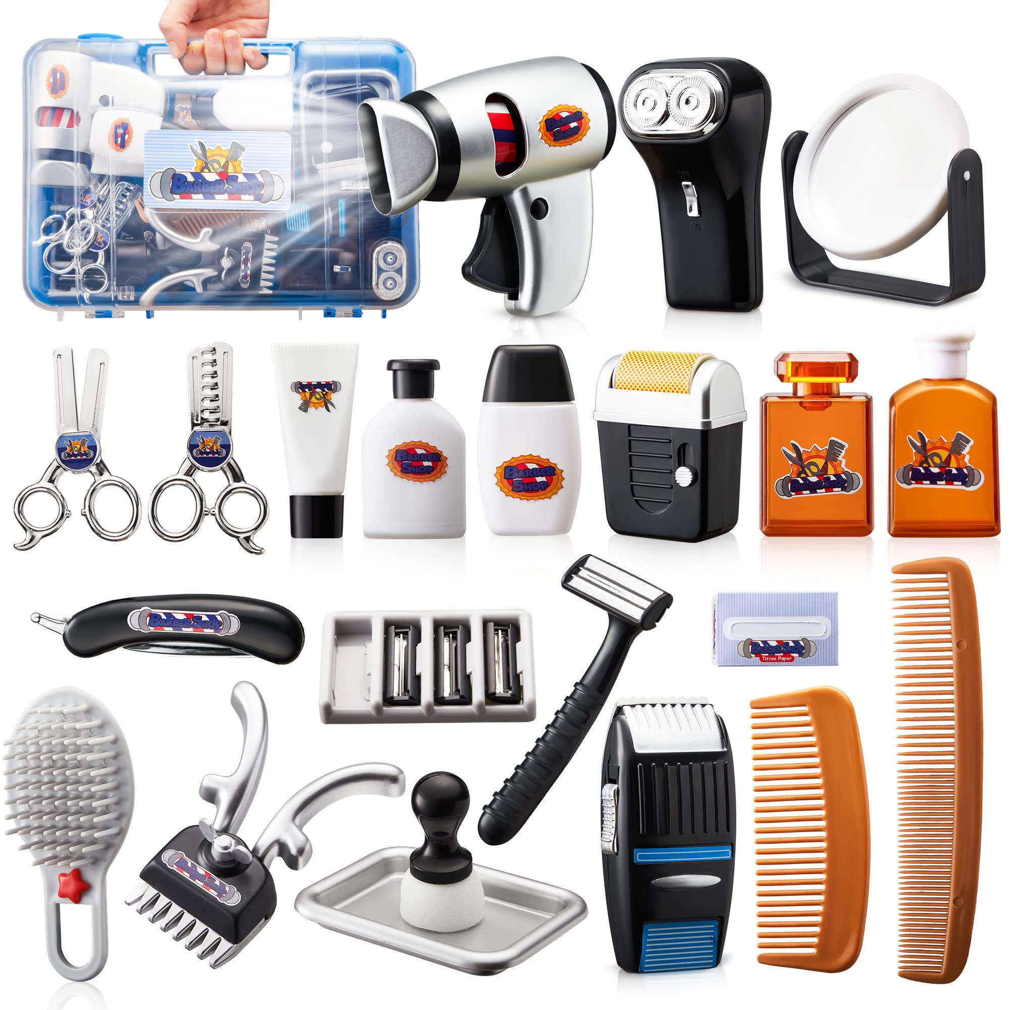 JOYIN 23Pcs Pretend Play Shaving & Grooming Kit for Kid, Boy Girl Barber Set w/ Storage Box, Toddler Hair Cutting Playset w/ Shaver, Scissors, Dryer, Razors for Boys Birthday, Presents Toys