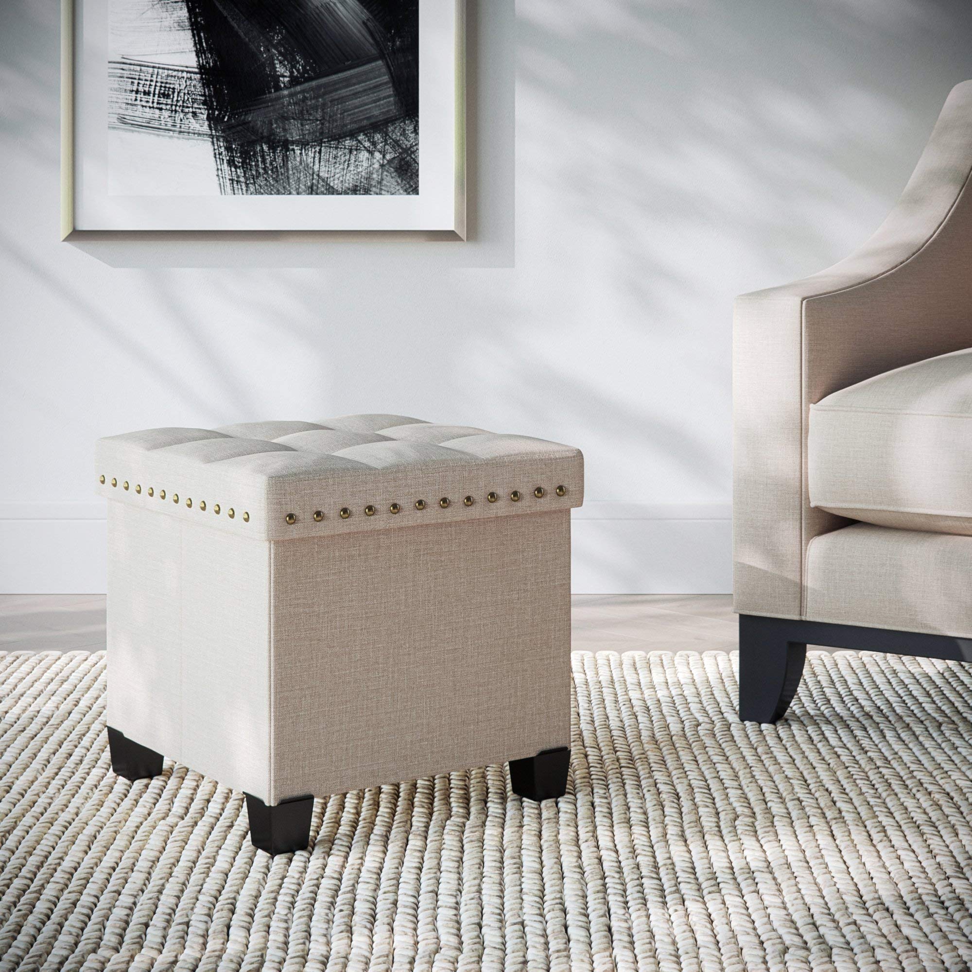 Nathan James 71103 Payton Foldable Storage Ottoman Footrest and Seat Cube, Beige
