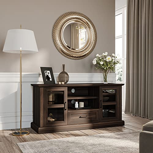 BELLEZE 62" Rustic Modern Sideboard Buffet Storage with Window Pane Glass Cabinet Doors and Adjustable Shelves - Trussati (Dark Walnut)