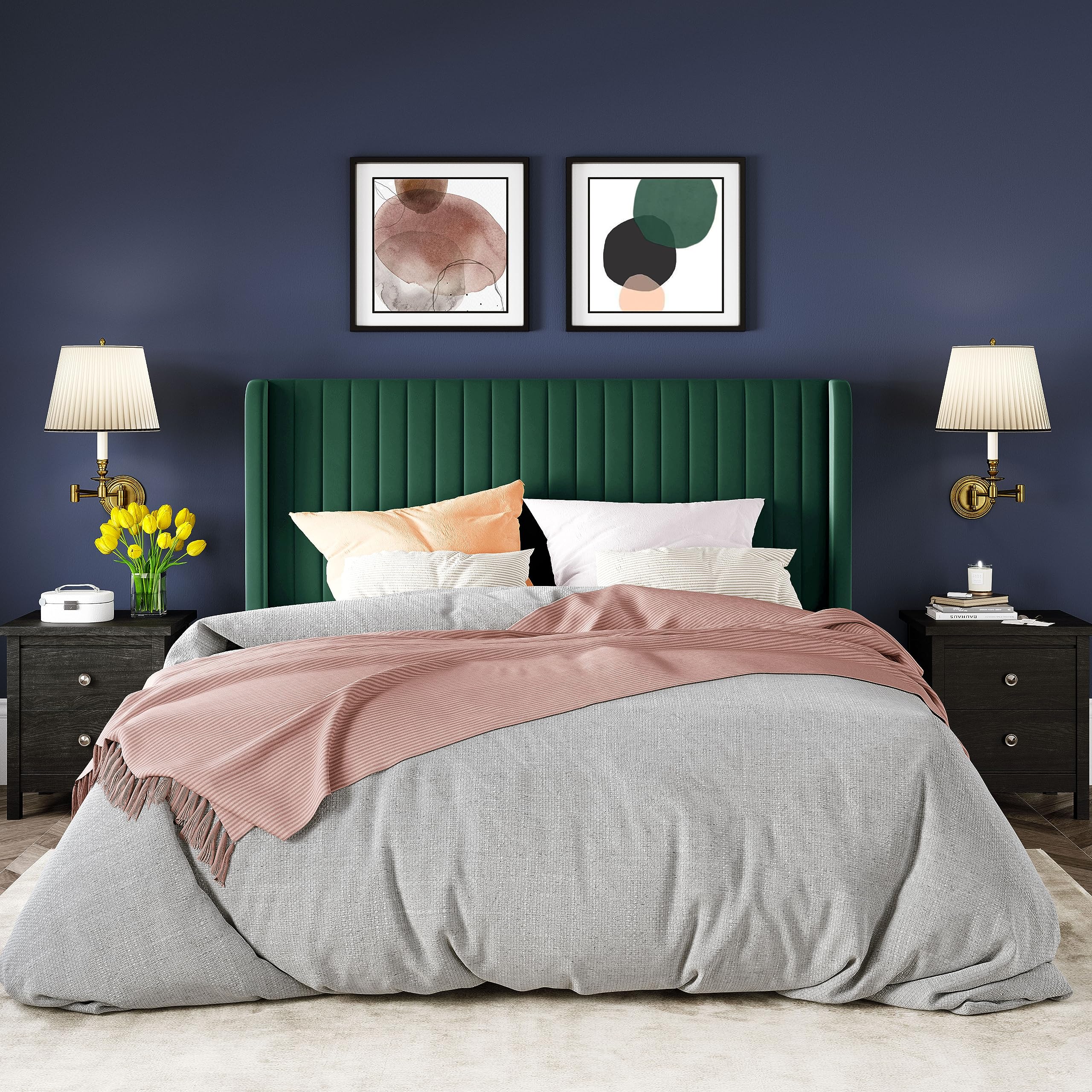 Allewie Queen Size Bed Frame/Velvet Upholstered Platform Bed/Vertical Channel Tufted Wingback Headboard/Strong Wooden Slats/No Box Spring Needed/Easy Assembly/Green