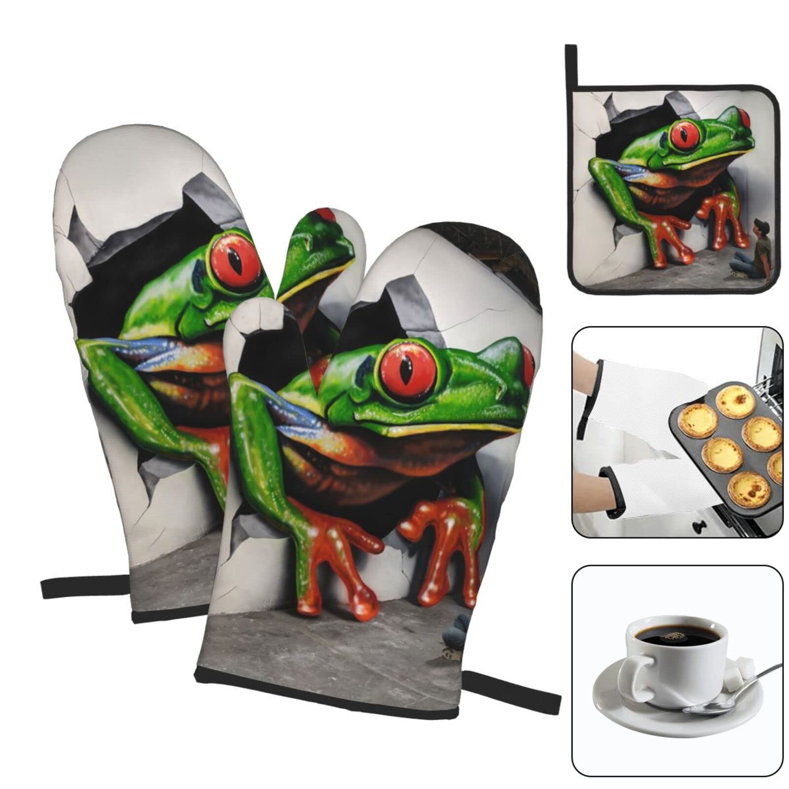 Animal 3D Frog Funny Oven Mitts Pot Holders Set Non-Slip Cooking Kitchen Gloves Washable Heat Resistant Oven Gloves for Microwave BBQ Baking Grilling