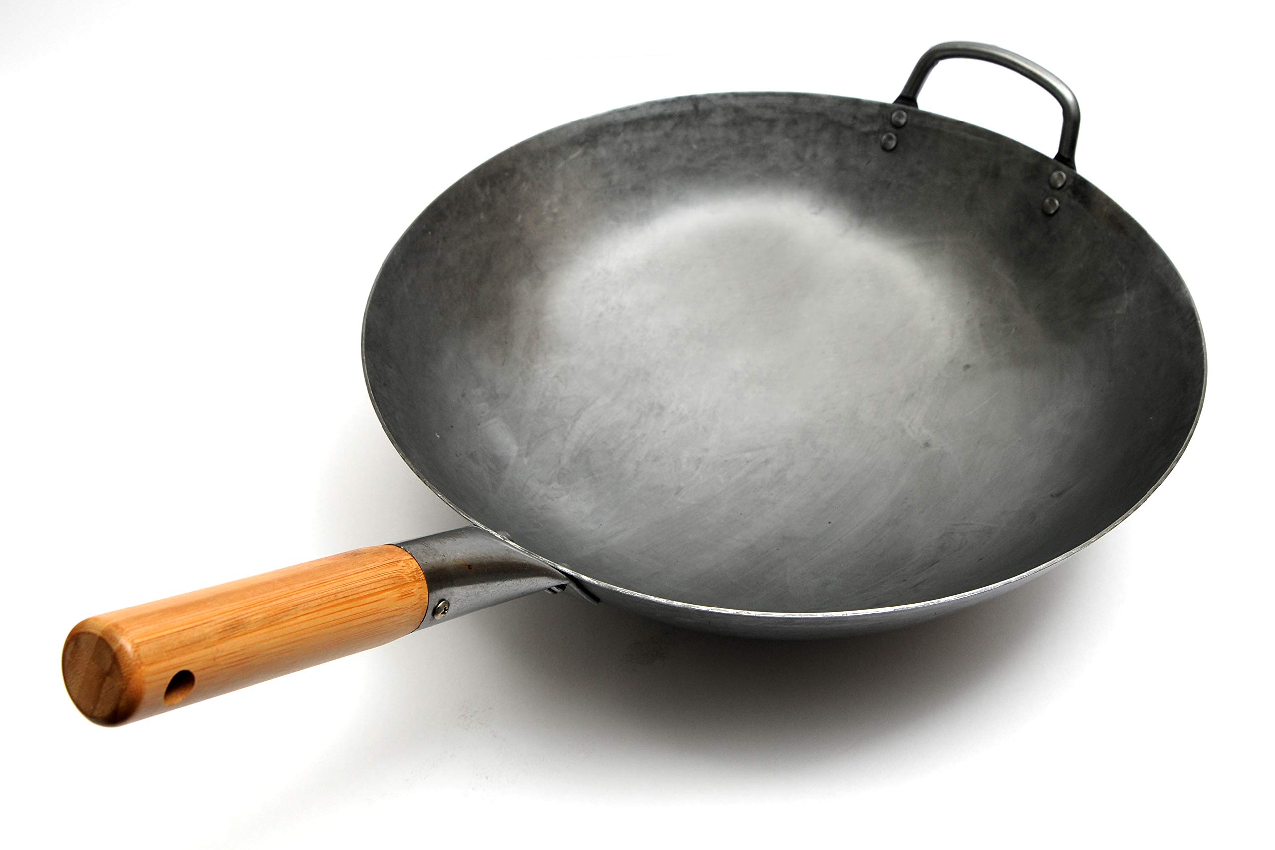 Chef's Medal Traditional Hand Hammered Carbon Steel Pow Wok with Bamboo and Steel Helper Handle - 14 Inch, Round Bottom