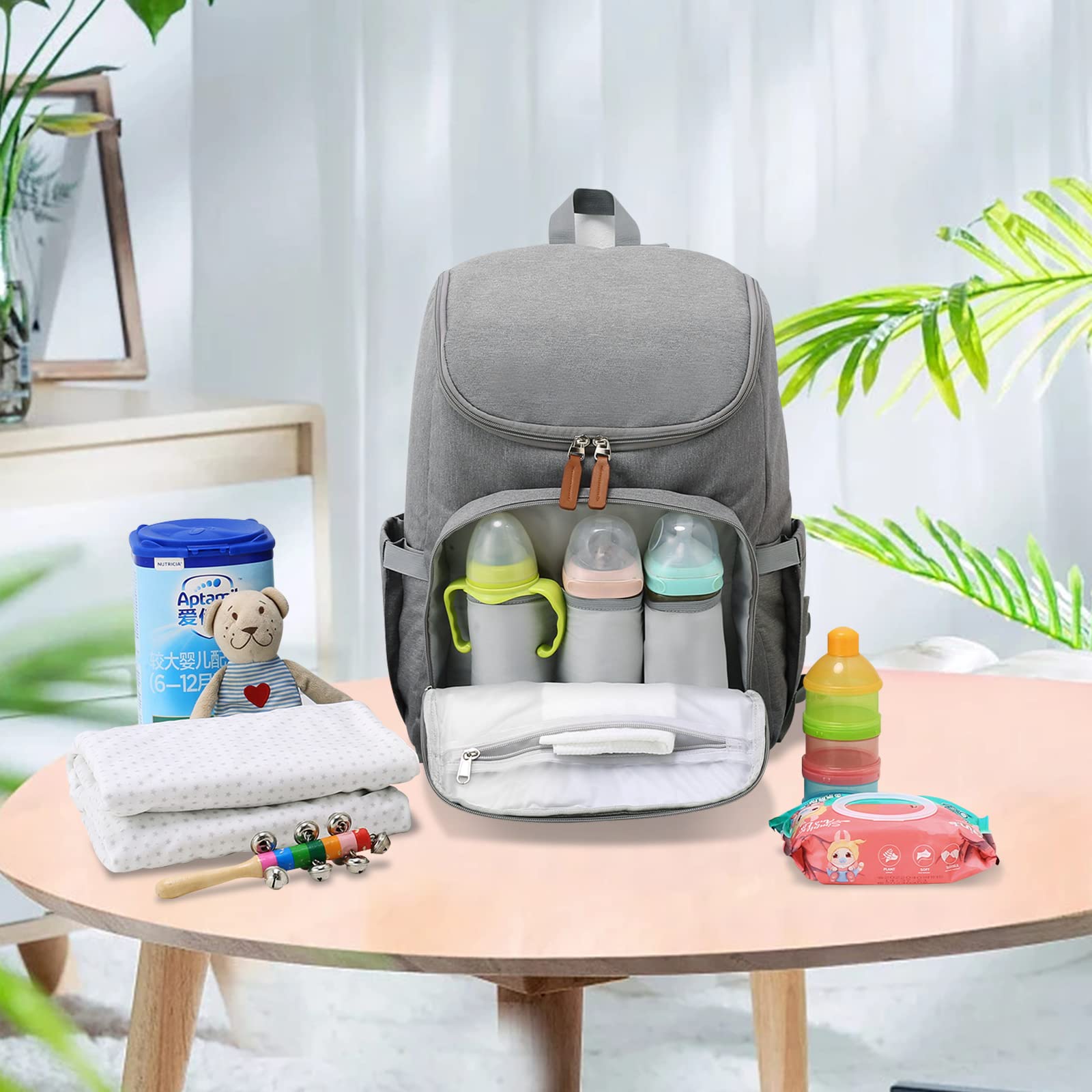 BAGSVIEWER Diaper bag backpack, Waterproof Baby Bag with Extra Large Changing Pad, Multifunctional Baby Diaper Bag Travel Backpack, Large Capacity, Stylish and Durable, Grey