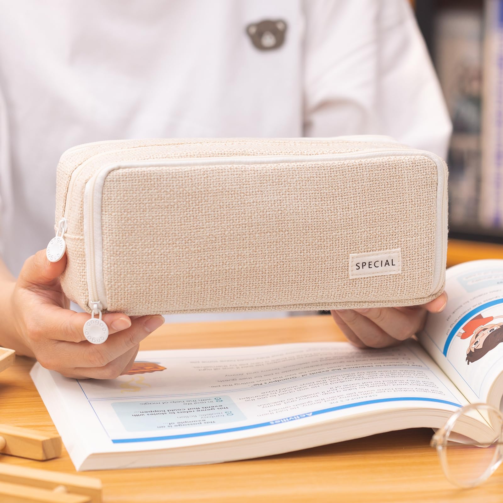 CICIMELON 3 Compartment Pencil Case Bag Big Storage Pencil Pouch Pen Case for School Girls Boys, Beige