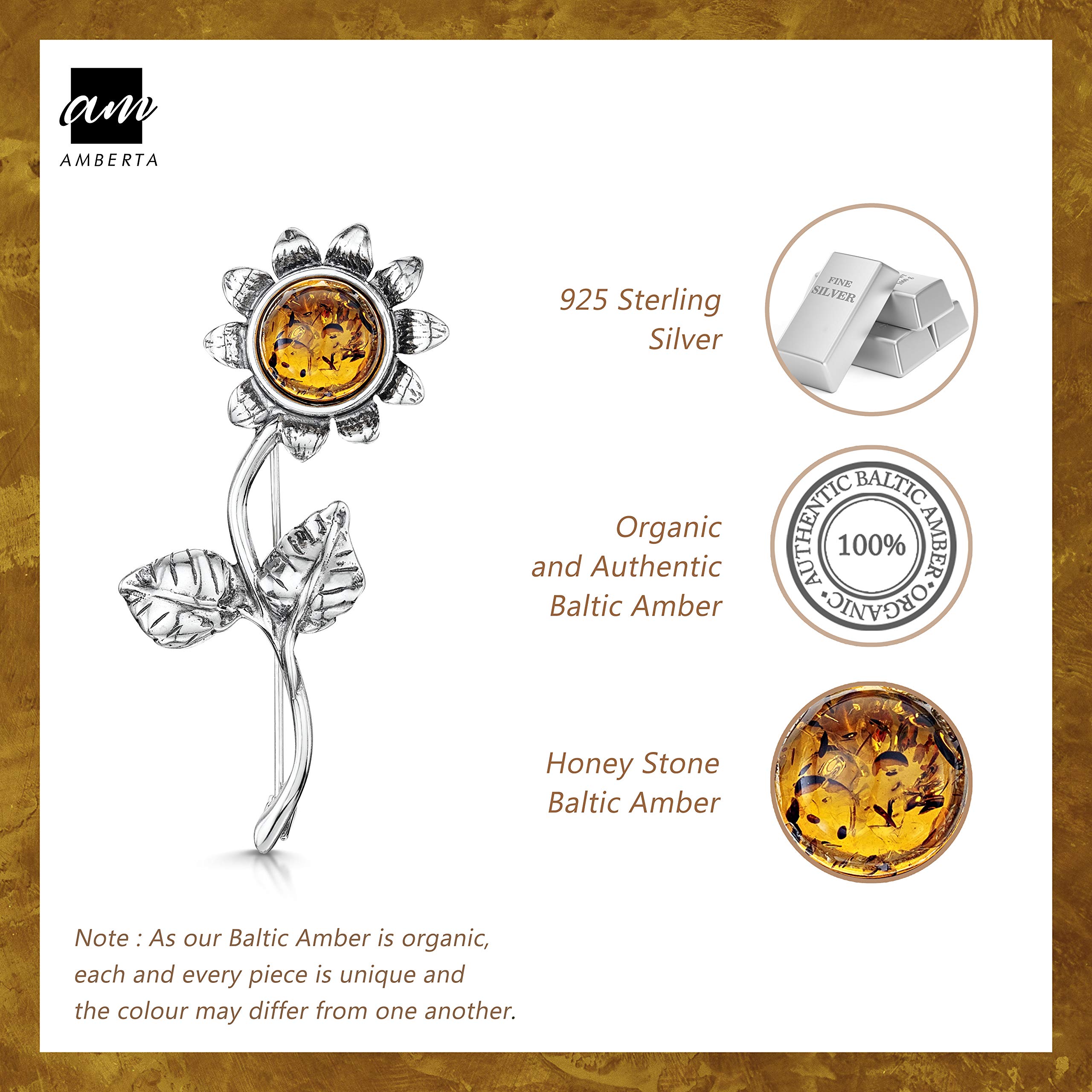Amberta 925 Sterling Silver with Genuine Baltic Amber - Sunflower Brooch/Pin for Women - Honey Stone Color