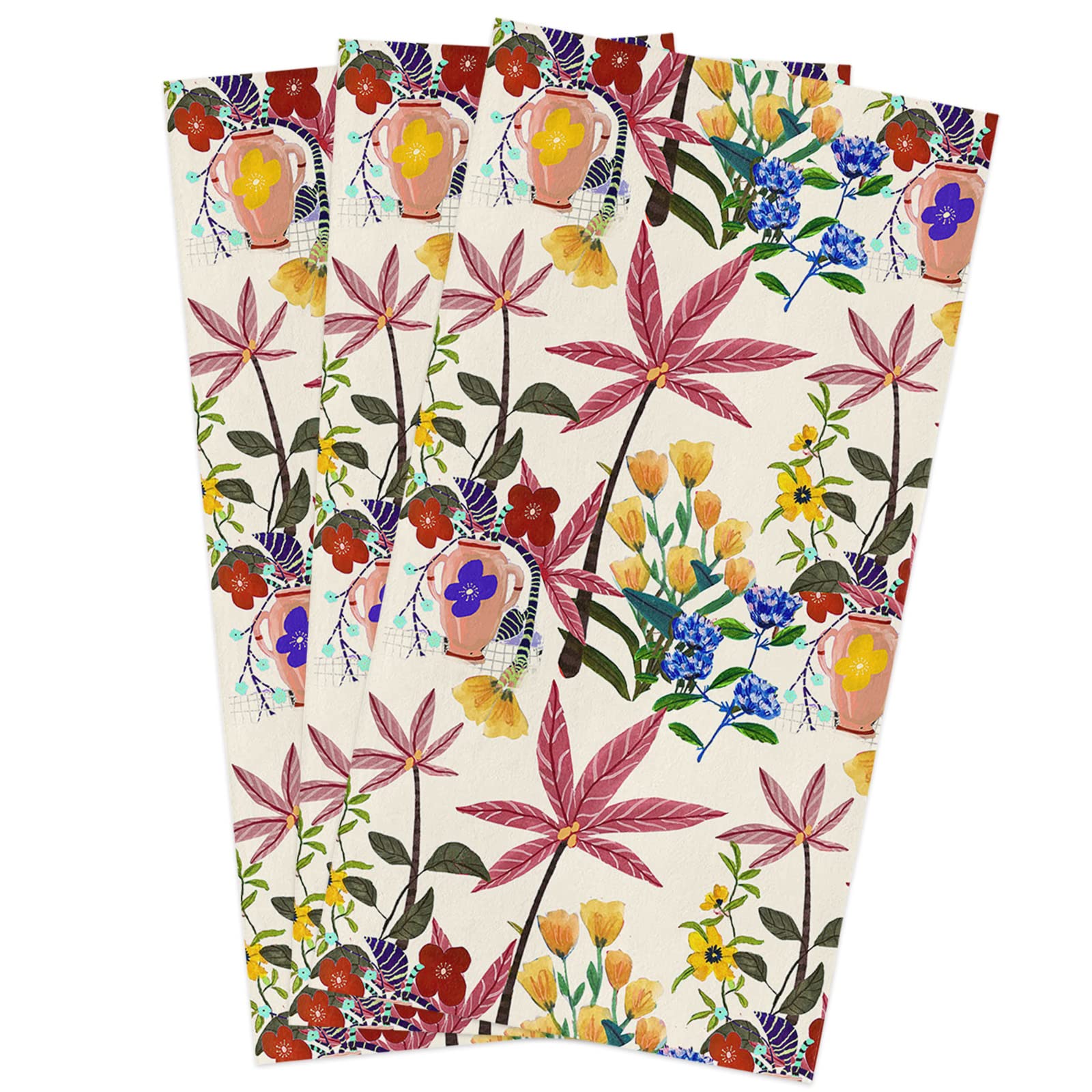 AMZRicher Flower Leaves Kitchen Towels with Hanging Loop Super Absorbent Soft Dish Towels for Kitchen Vintage Florals Spring Summer Plant Herb Tea Hand Towels Drying Cleaning Home Decor, 3 Pack