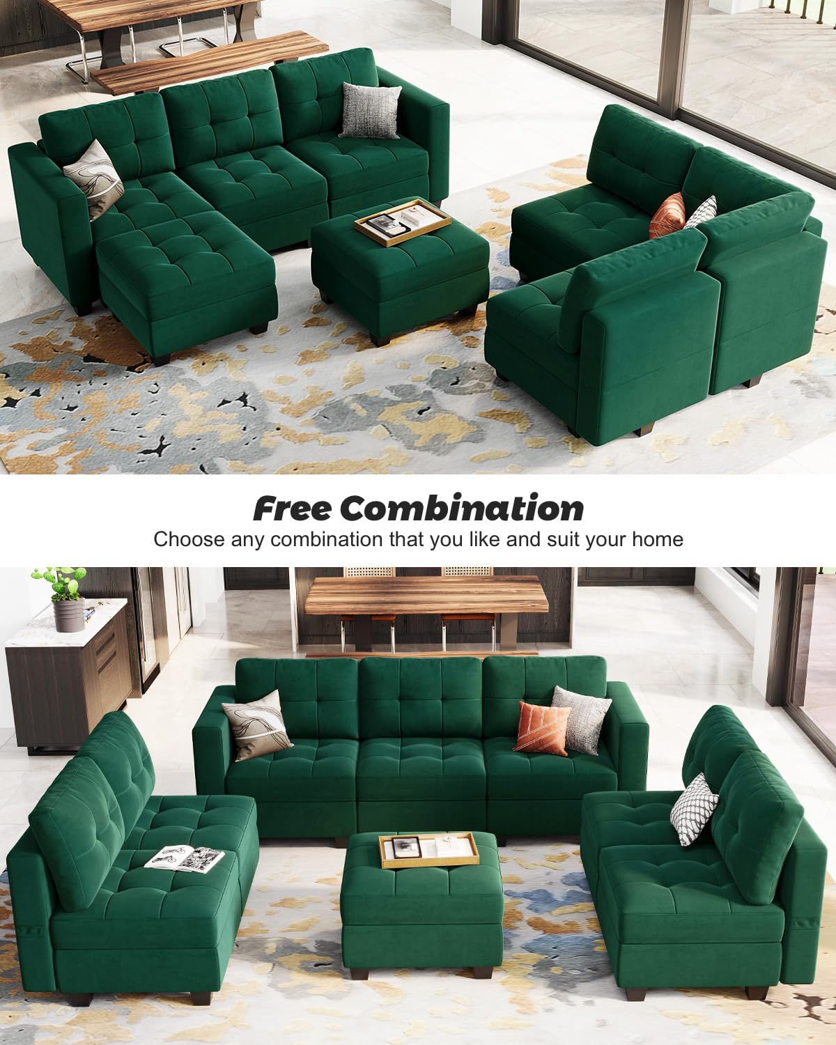 Belffin U Shaped Modular Sectional Sofa with Chaise Reversible, Oversized Sectional Sleeper Couch with Ottomans, Velvet Fabric Couch with Storage Seats, Green