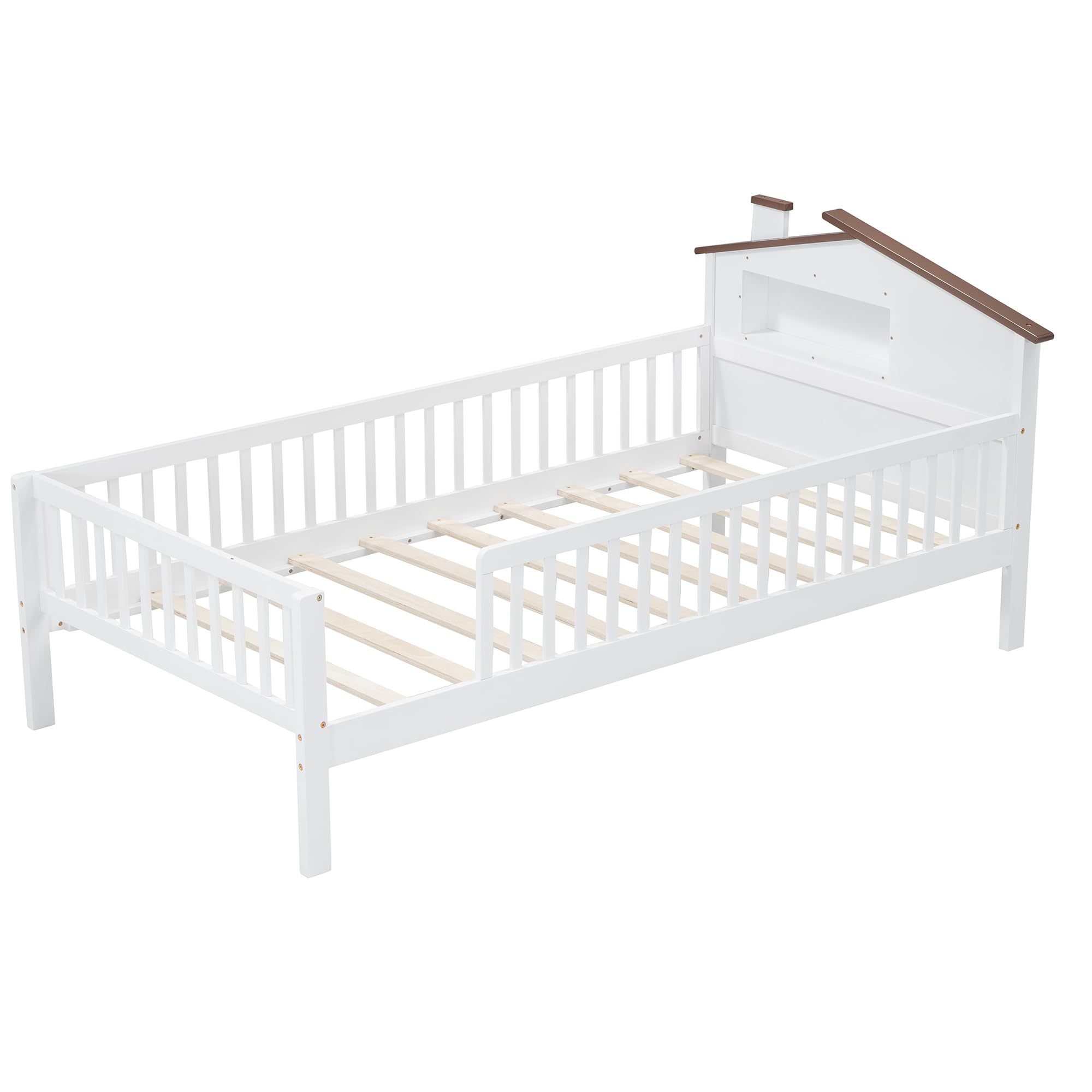 Bellemave Twin Size Montessori Bed for Kids, Twin Size Kids Bed with Fence,Kids Montessori Bed with House-Shaped Headboard and Built-in Storage, White