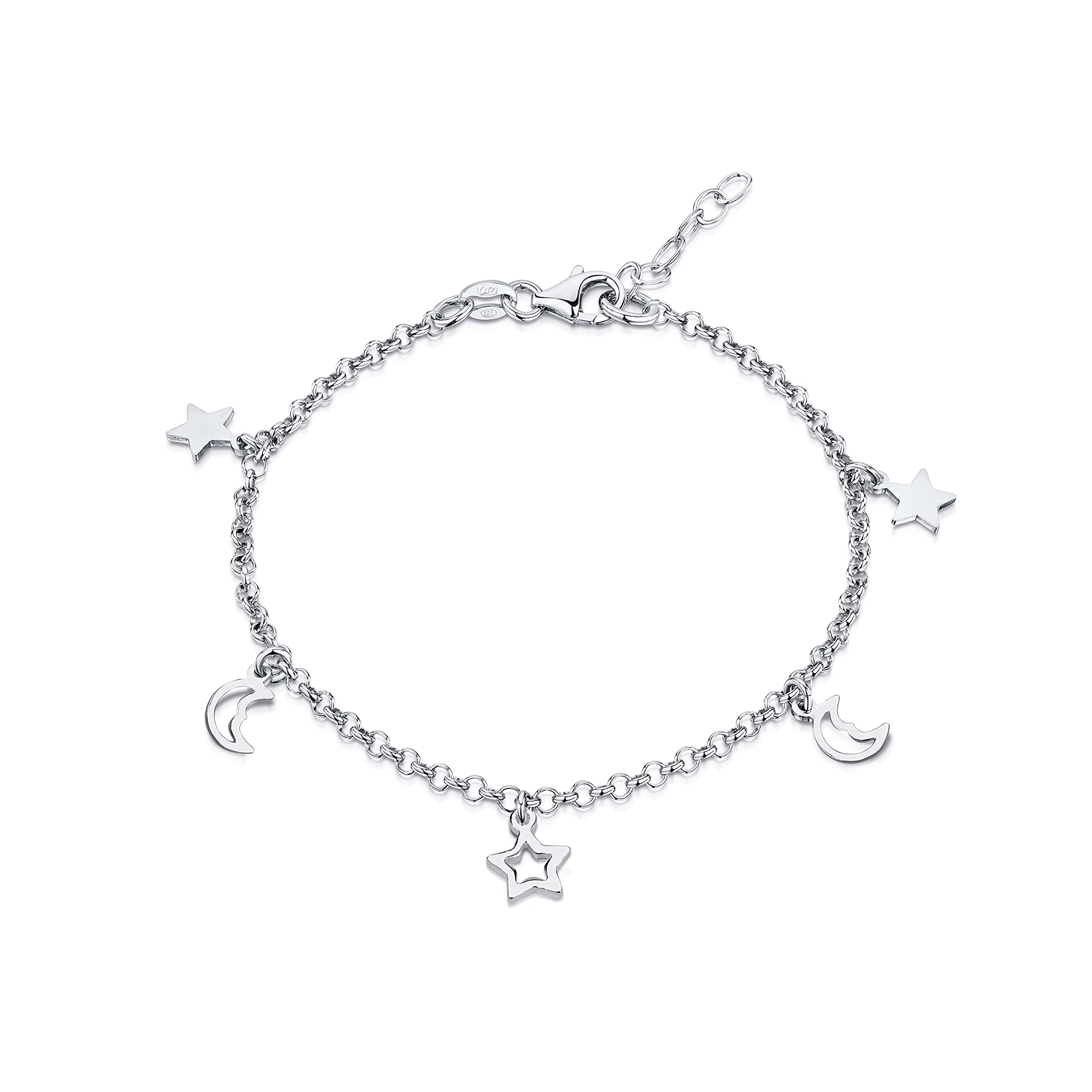 Amberta Women 925 Sterling Silver Anklet with Charms: Ankle Bracelet with Moons and Stars - 22 + 4 cm