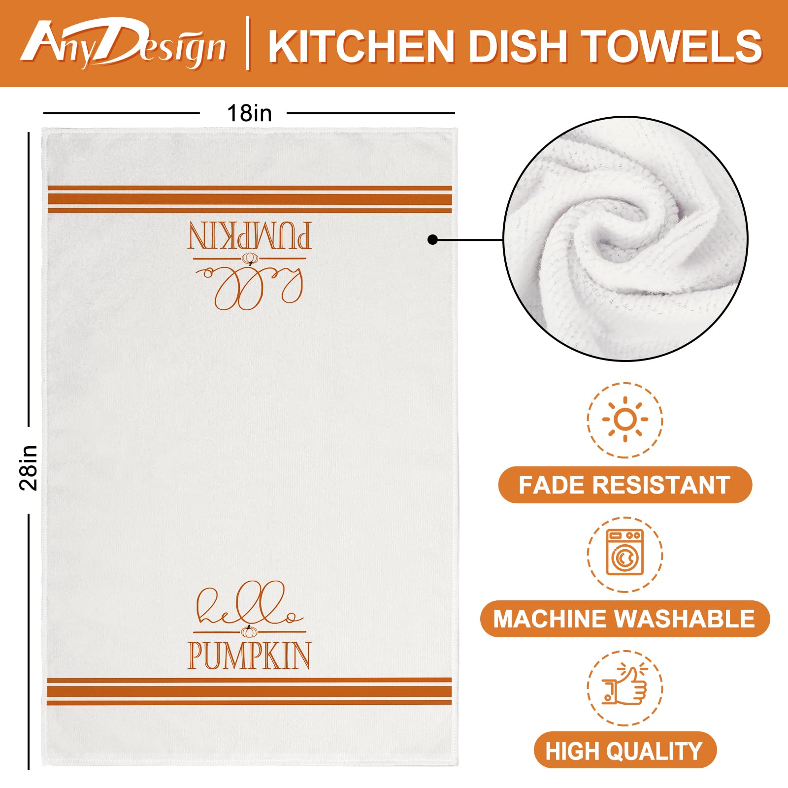AnyDesign Fall Kitchen Dish Towel 18 x 28 Inch Hello Pumpkin Thanksgiving Harvest Tea Towel Autumn Orange White Dishcloth Rustic Farmhouse Hand Drying Cloth Towel for Kitchen Cooking Baking, 2 Pack