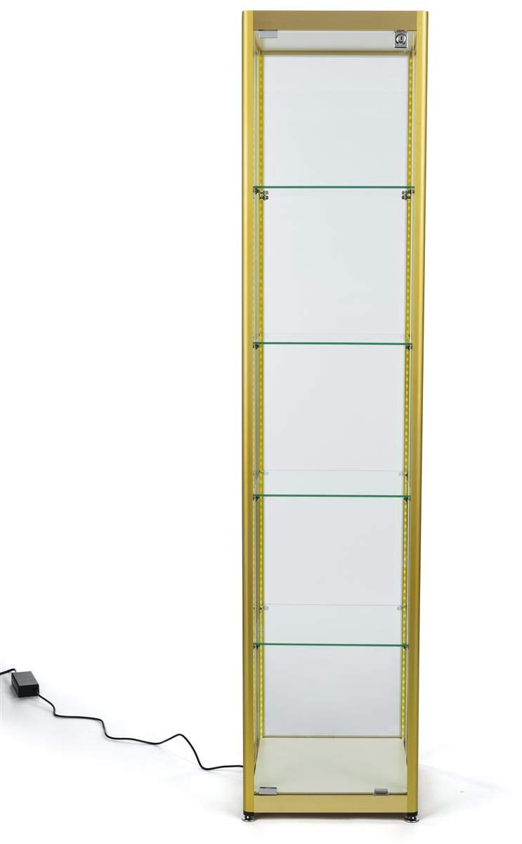 Displays2go Tempered Glass Curio Cabinet, Adjustable Shelves β Gold (DCKDMT16G)