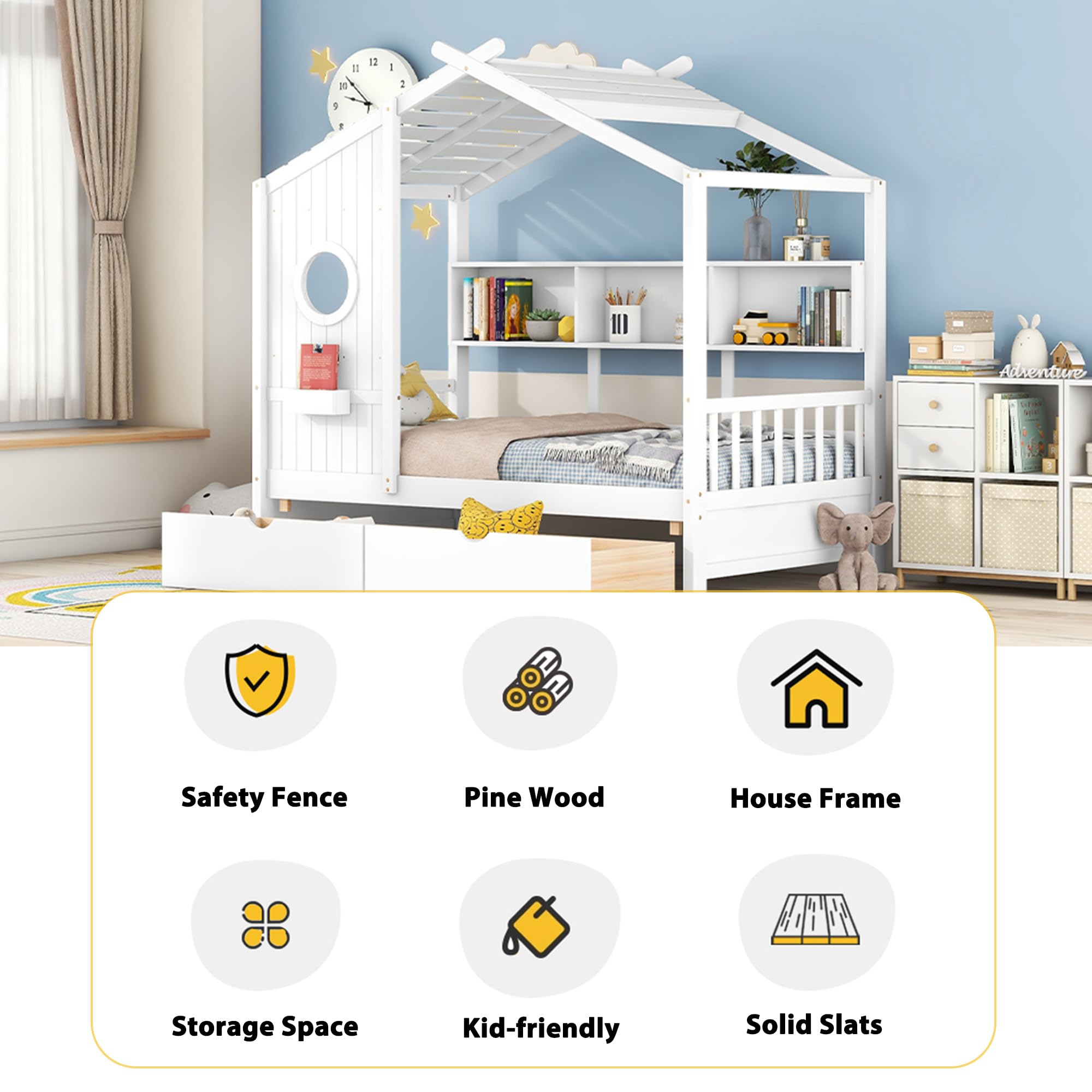 Bellemave Twin Size House Bed with 2 Storage Drawers,Kids Bed with Storage Shelves,Wooden House Bed Frame for Girls,Boys,Can be Decorated,White