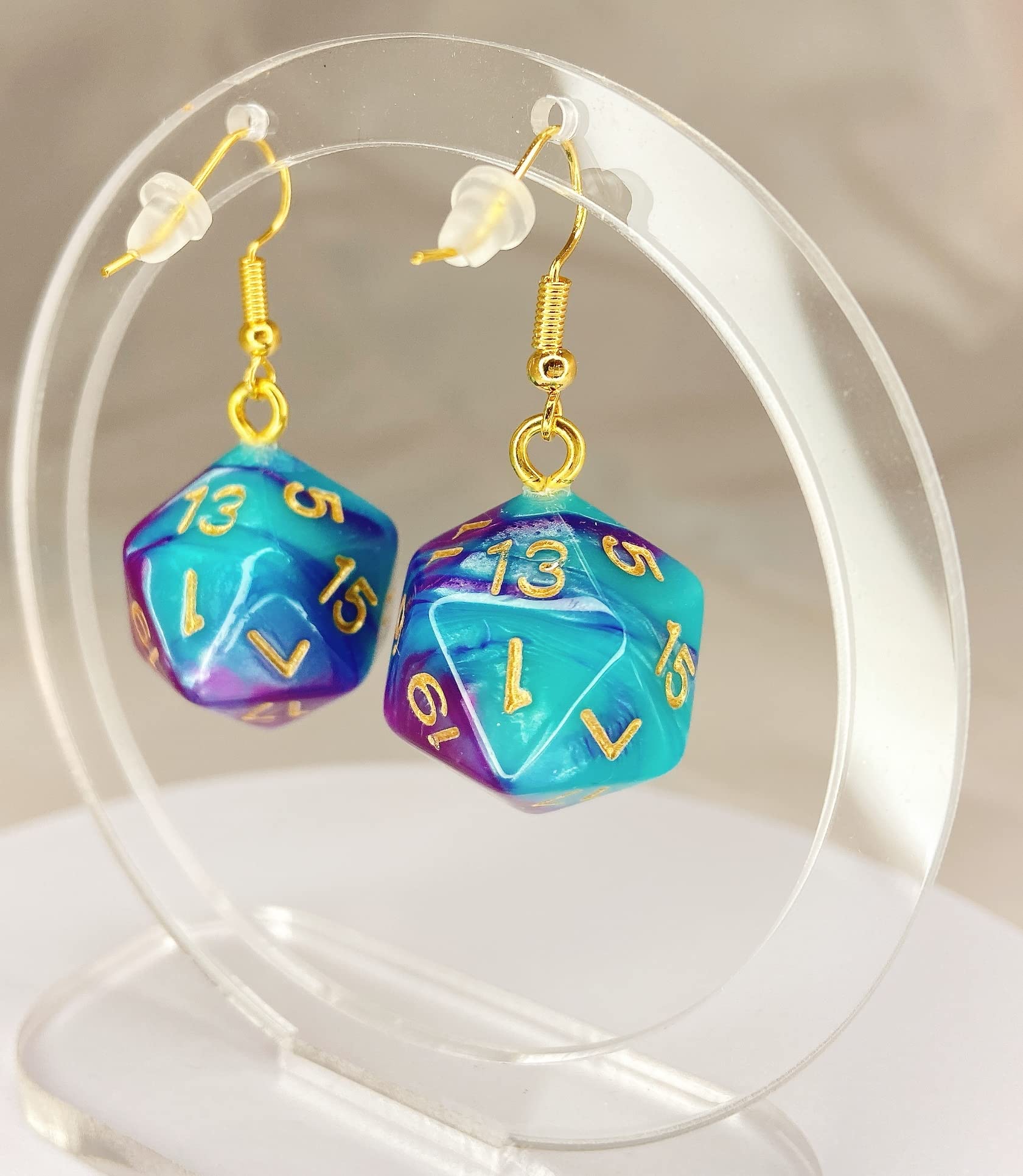 d20 20-Sided Polyhedral Dice Earrings - Hook with Earnuts (Light Blue-Purple Swirl)