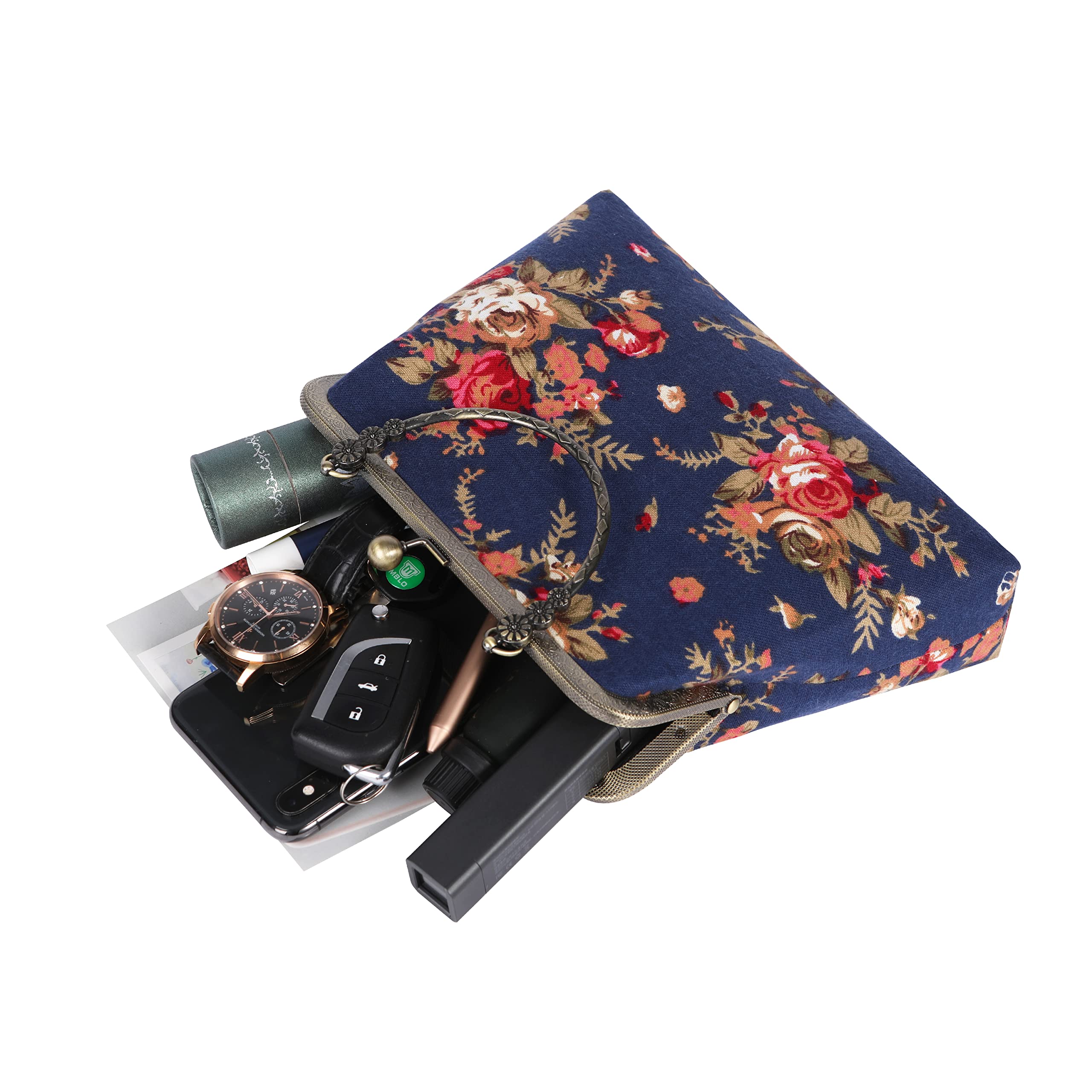 Arnosoar Floral Top-Handle Handbag Kiss Lock Evening Bag Women Canvas Shoulder Bag Dark-blue