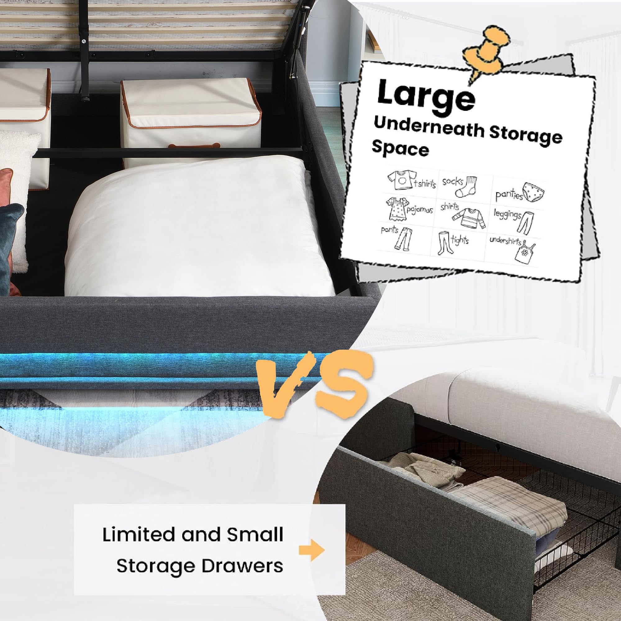 Ailisite King Size Lift Up Storage Bed Frame with Wingback Led Headboard, Upholstered Platform Bed Frame with Hydraulic Lifting Storage&Charging Station, No Spring Box Needed Wood Slats Support