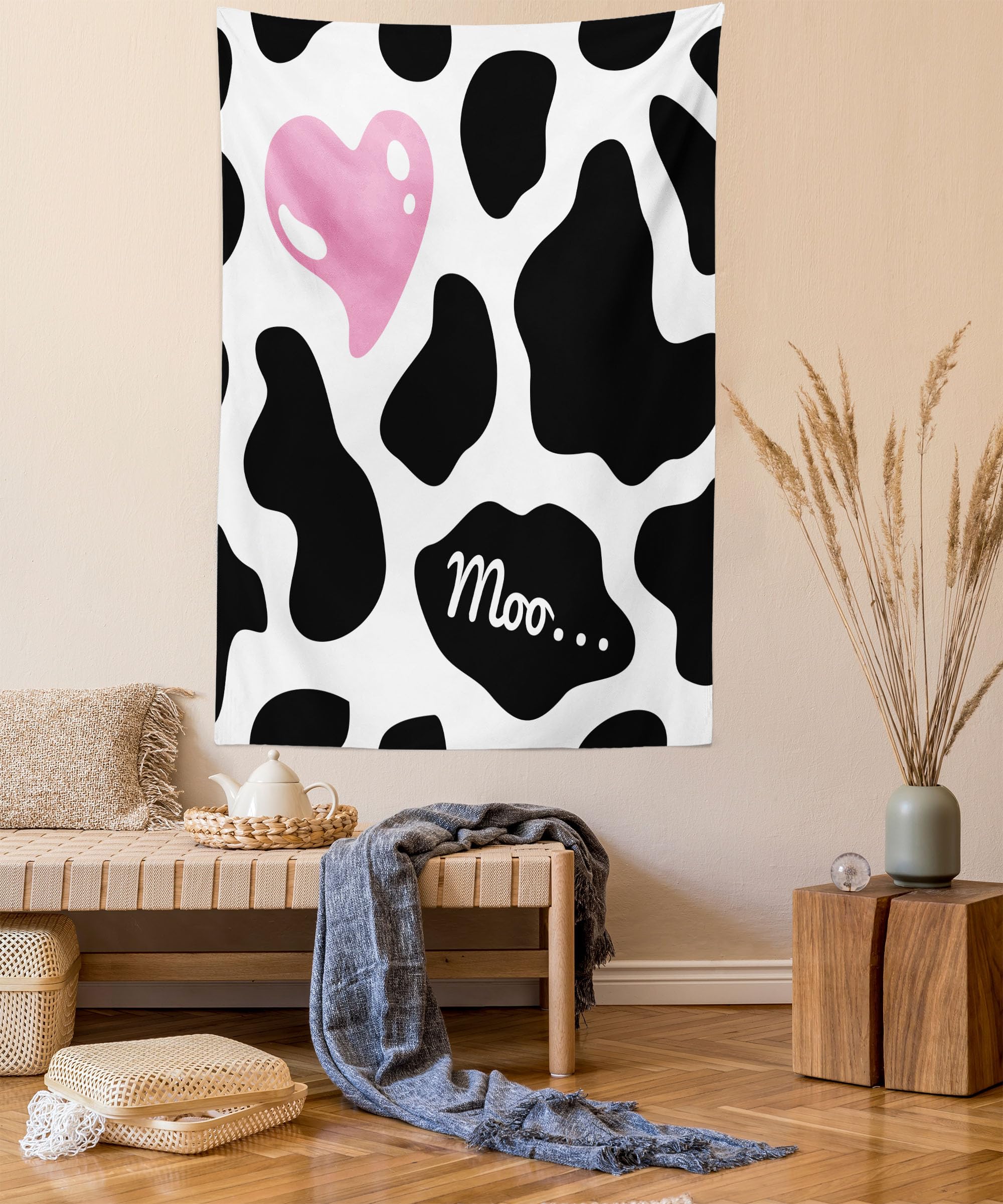 Ambesonne Cow Print Tapestry Twin Size, Camouflage Hide Skin Pattern in Pastel Color Shades Heart Shape Moo, Wall Hanging Bedspread Bed Cover Wall Decor, Twin Size, Pink Black White