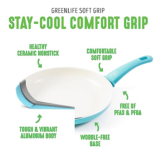 GreenLife Soft Grip Healthy Ceramic Nonstick 16 Piece Kitchen Cookware Pots and Frying Sauce Pans Set, PFAS-Free, Dishwasher Safe, Caribbean Blue